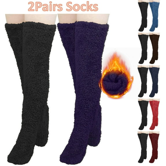 Ashirexll Knee High Socks for Women, Fuzzy Socks for Women, 2 Pair High ...