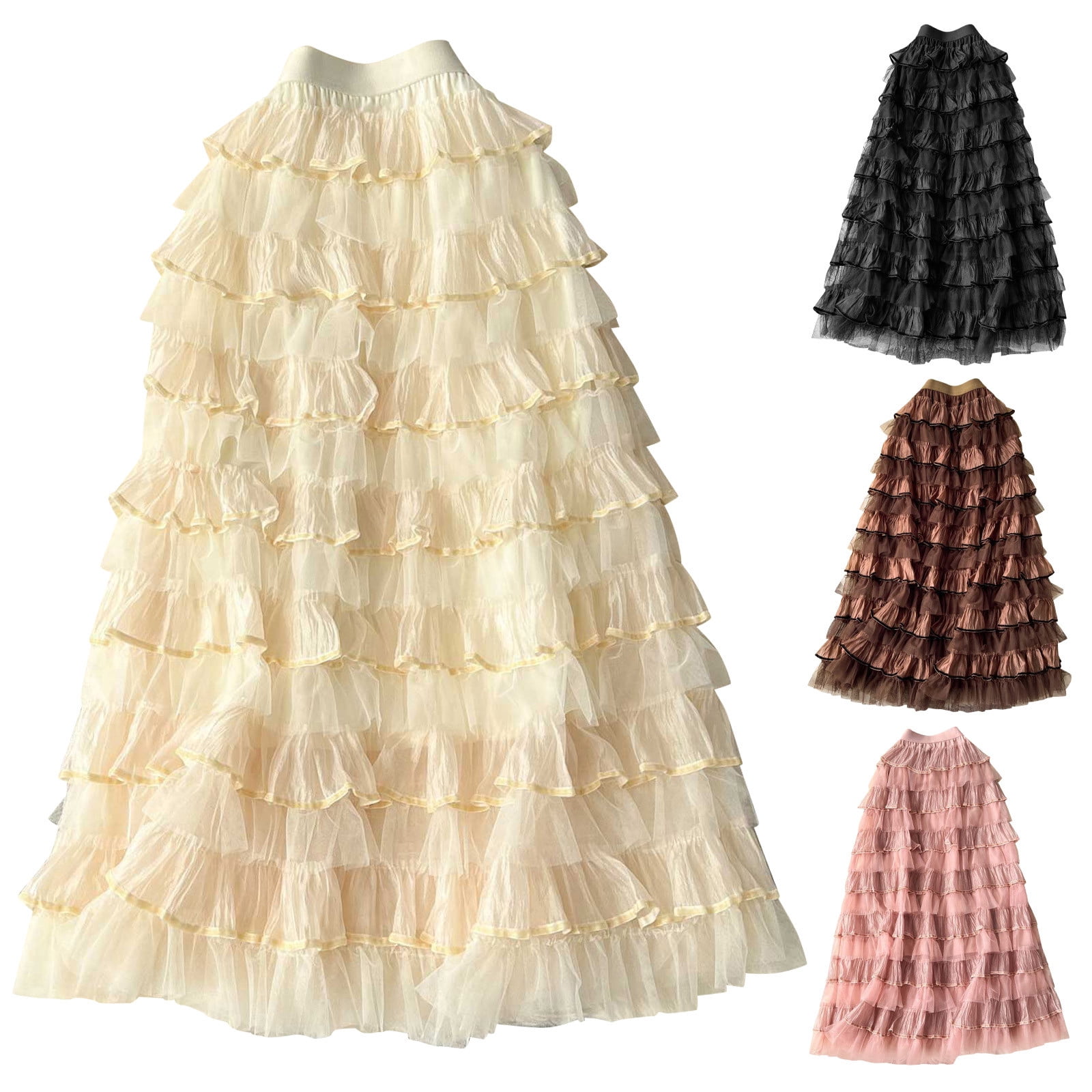 Ashirexll Long Skirts for Women Mesh High Waisted Layered Cake Skirt ...