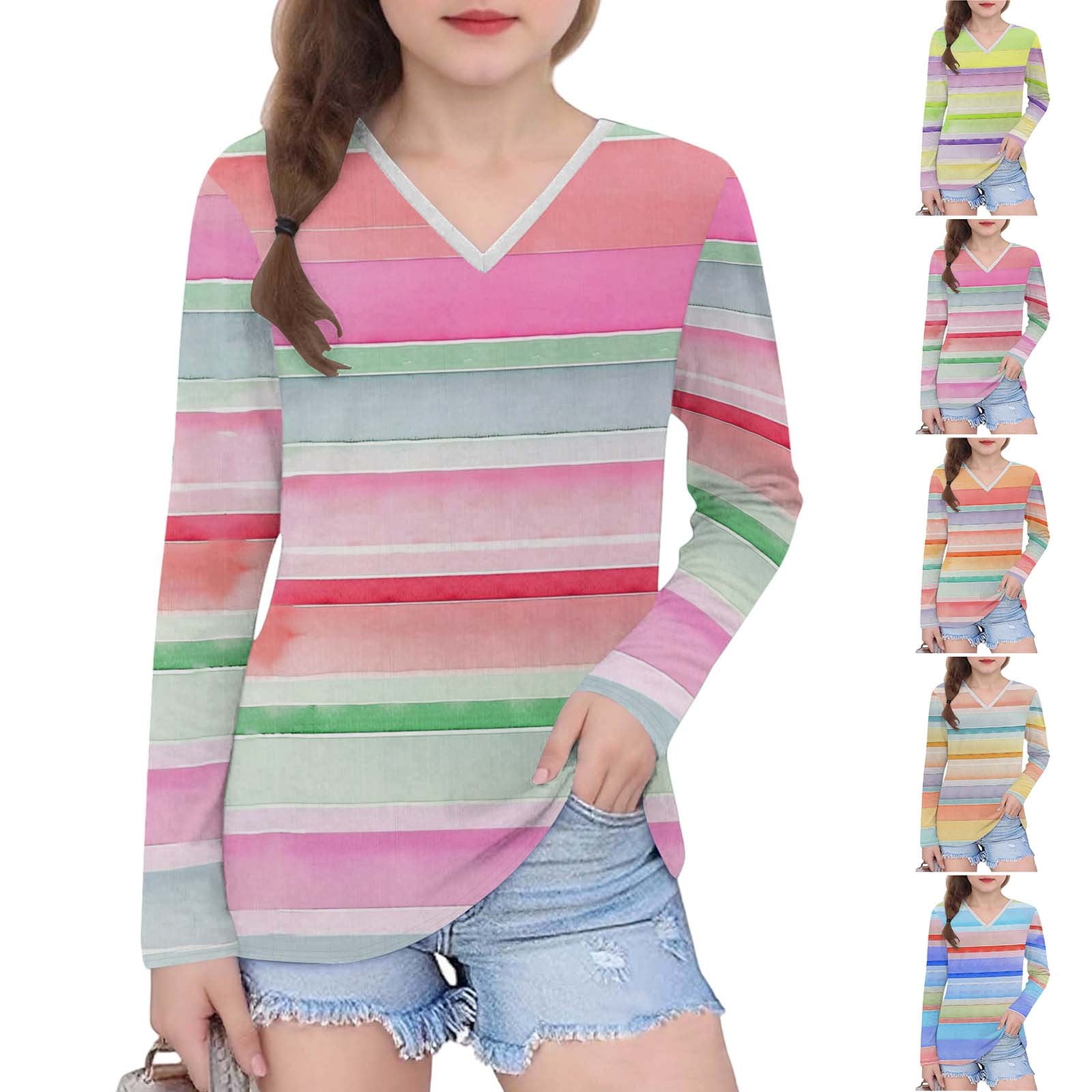 Ashirexll Long Sleeve Shirts Winter Tops for Girls 2-14 Years Stripe ...