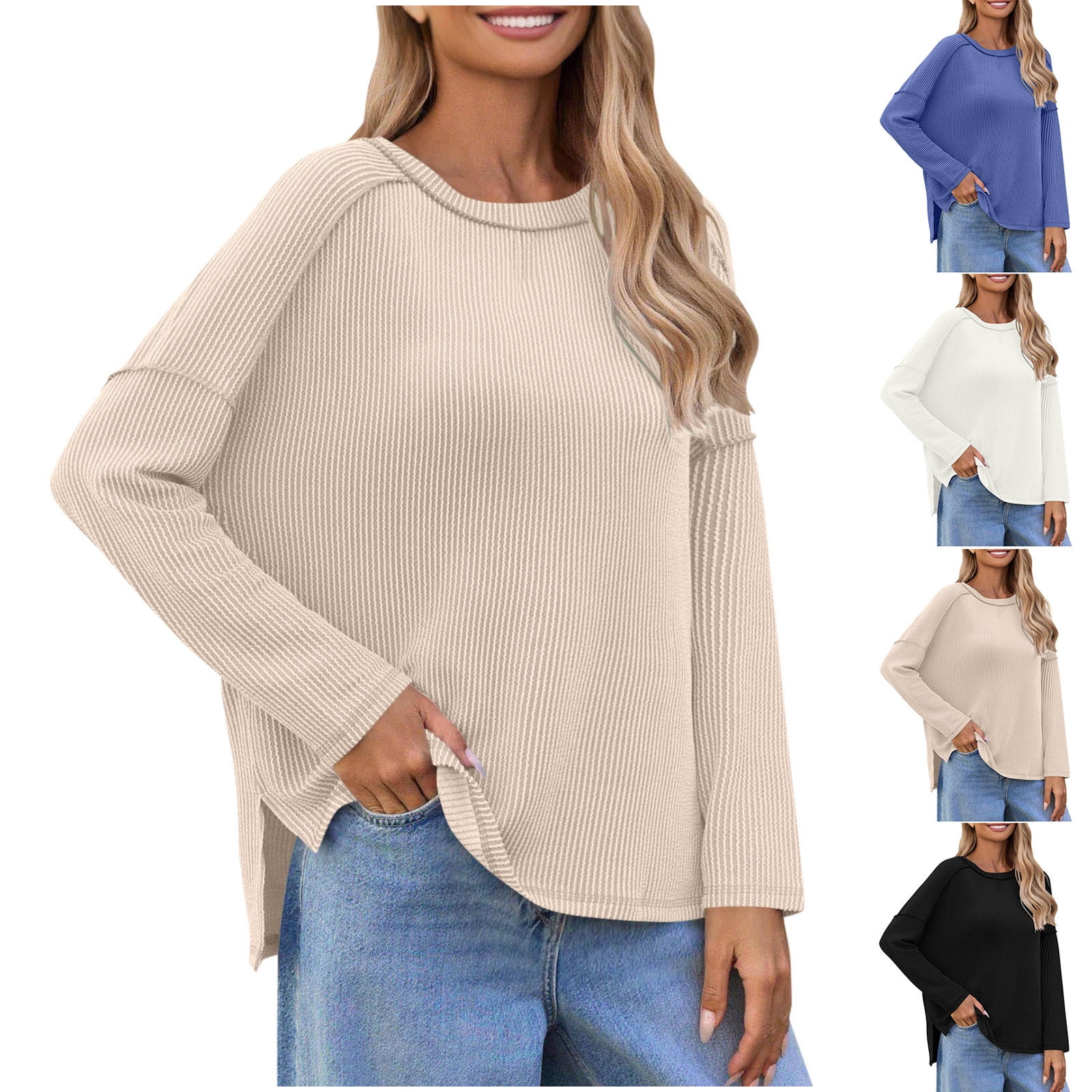 Ashirexll Long Sleeve Shirts for Winter Tops for Casual Stripe Round ...
