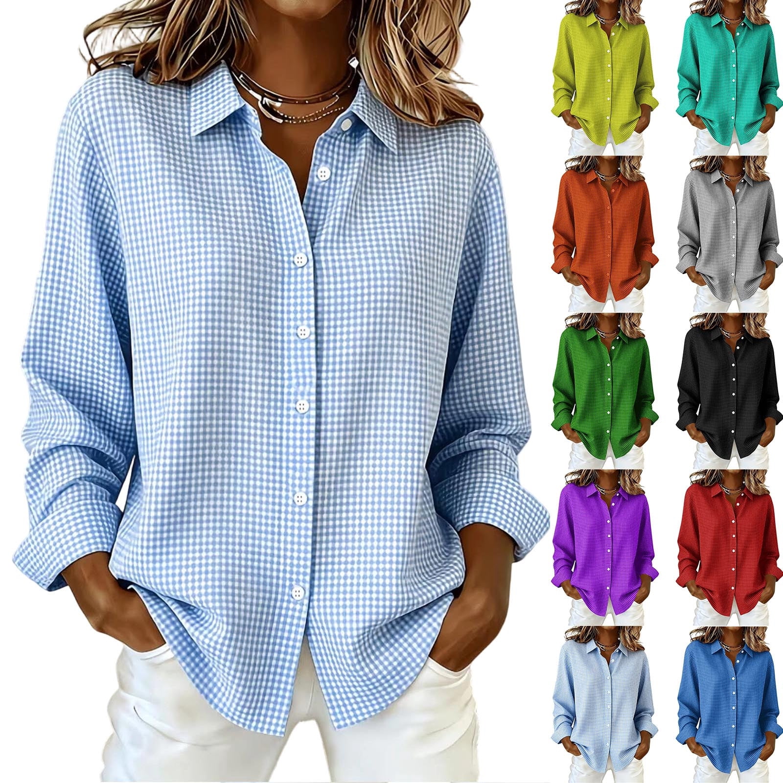 Ashirexll Long Sleeve Shirts for Women Collared Plaid Print Button ...