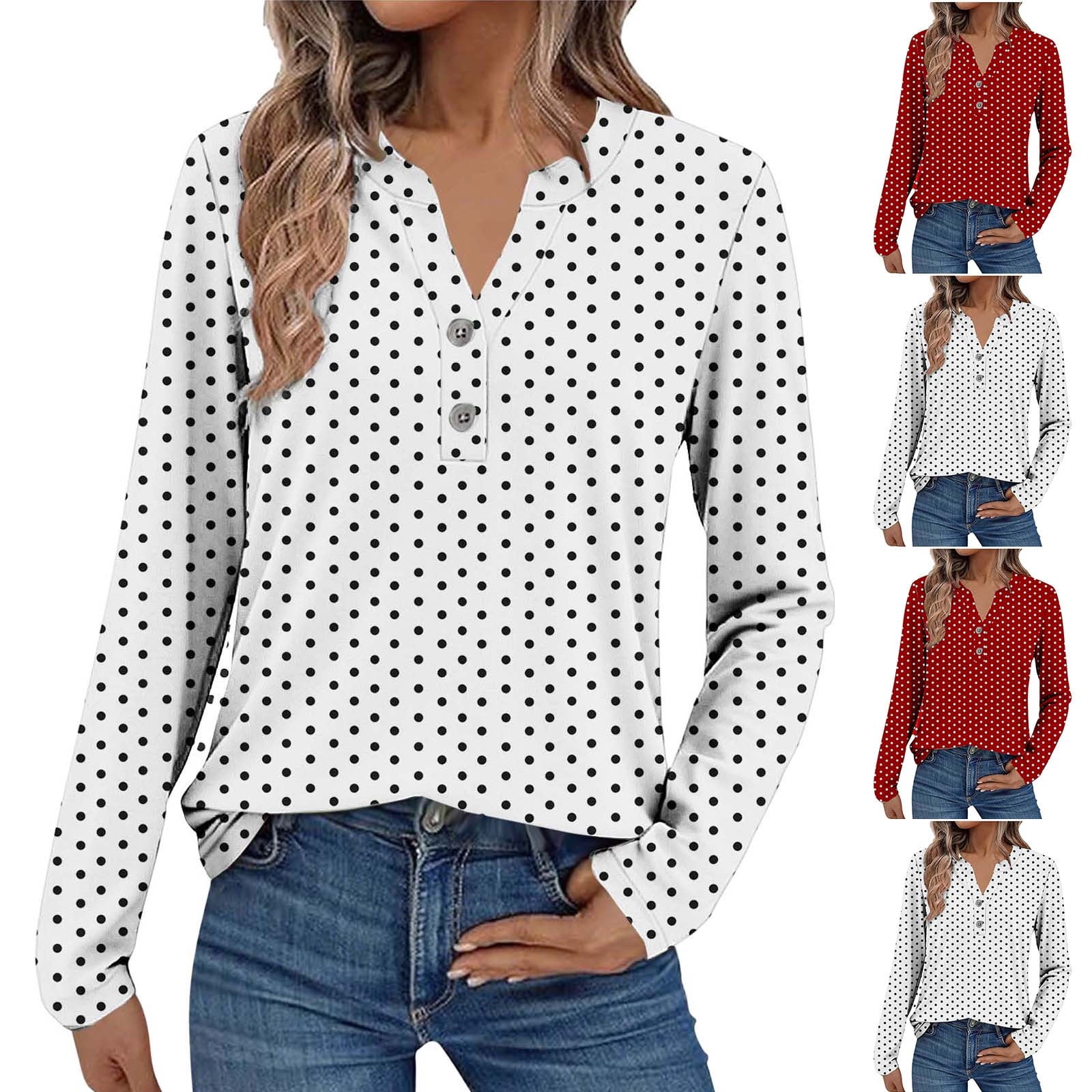 Ashirexll Long Sleeve Shirts for Women V-Neck Random Polka Dots Button ...