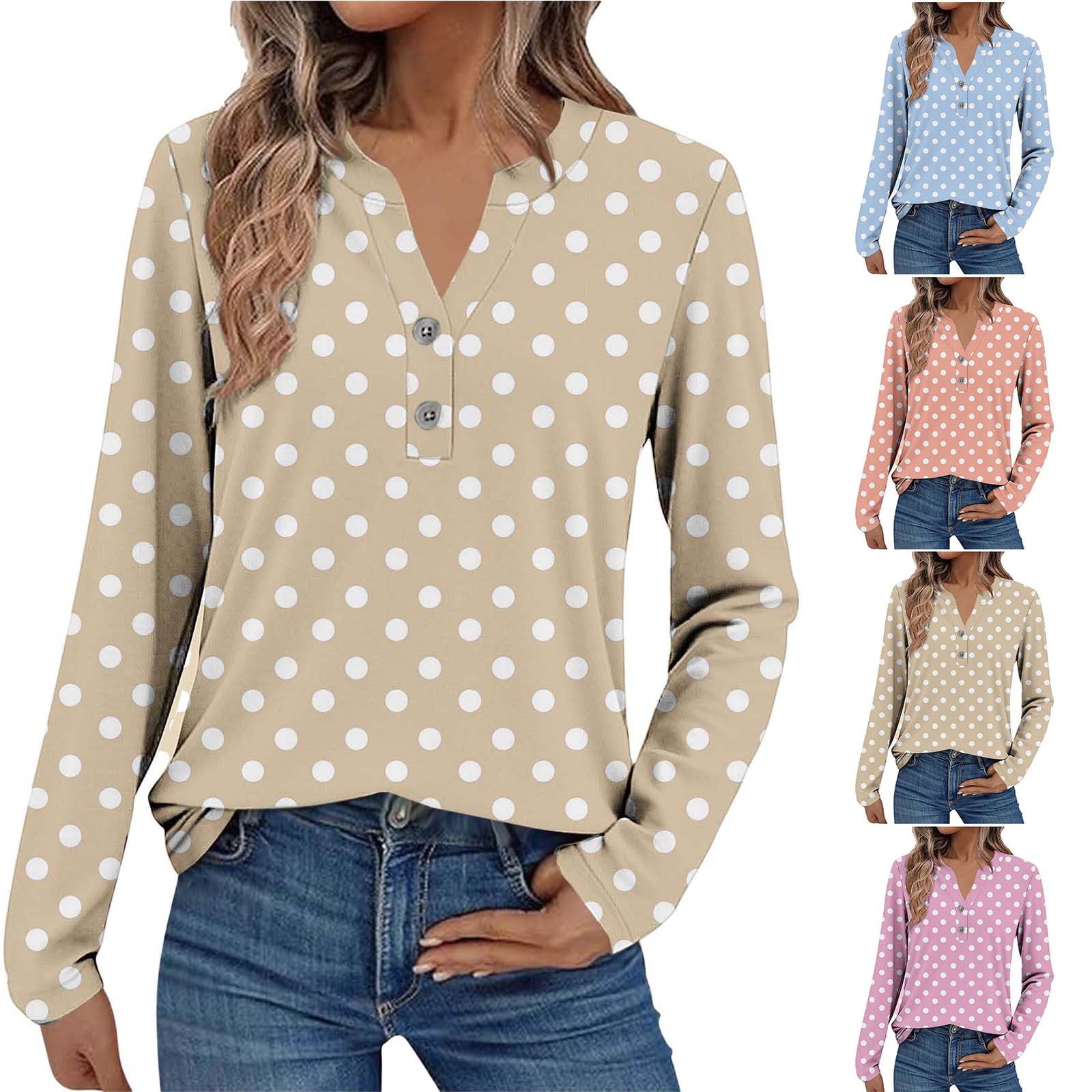 Ashirexll Long Sleeve Shirts for Women V-Neck Random Polka Dots Button ...