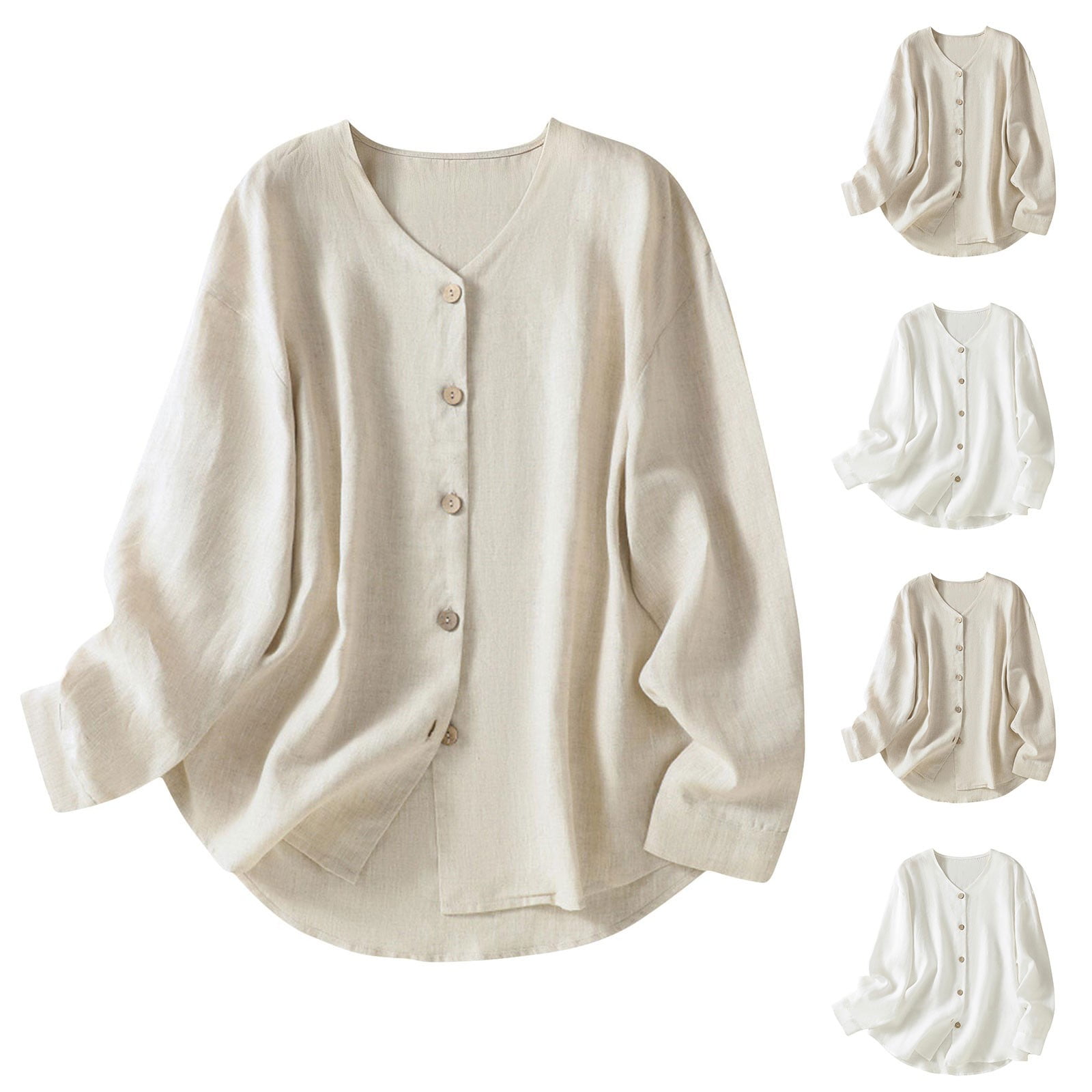 Ashirexll Long Sleeve Shirts for Women V-Neck Solid Color Button Front ...