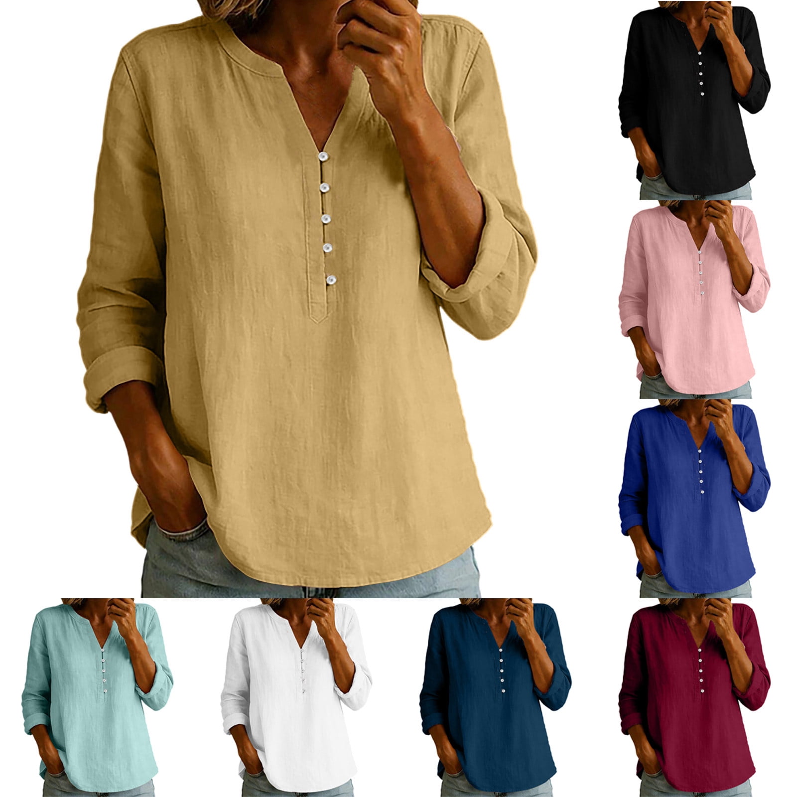 Ashirexll Long Sleeve Shirts for Women V Neck Solid Color Button Front ...