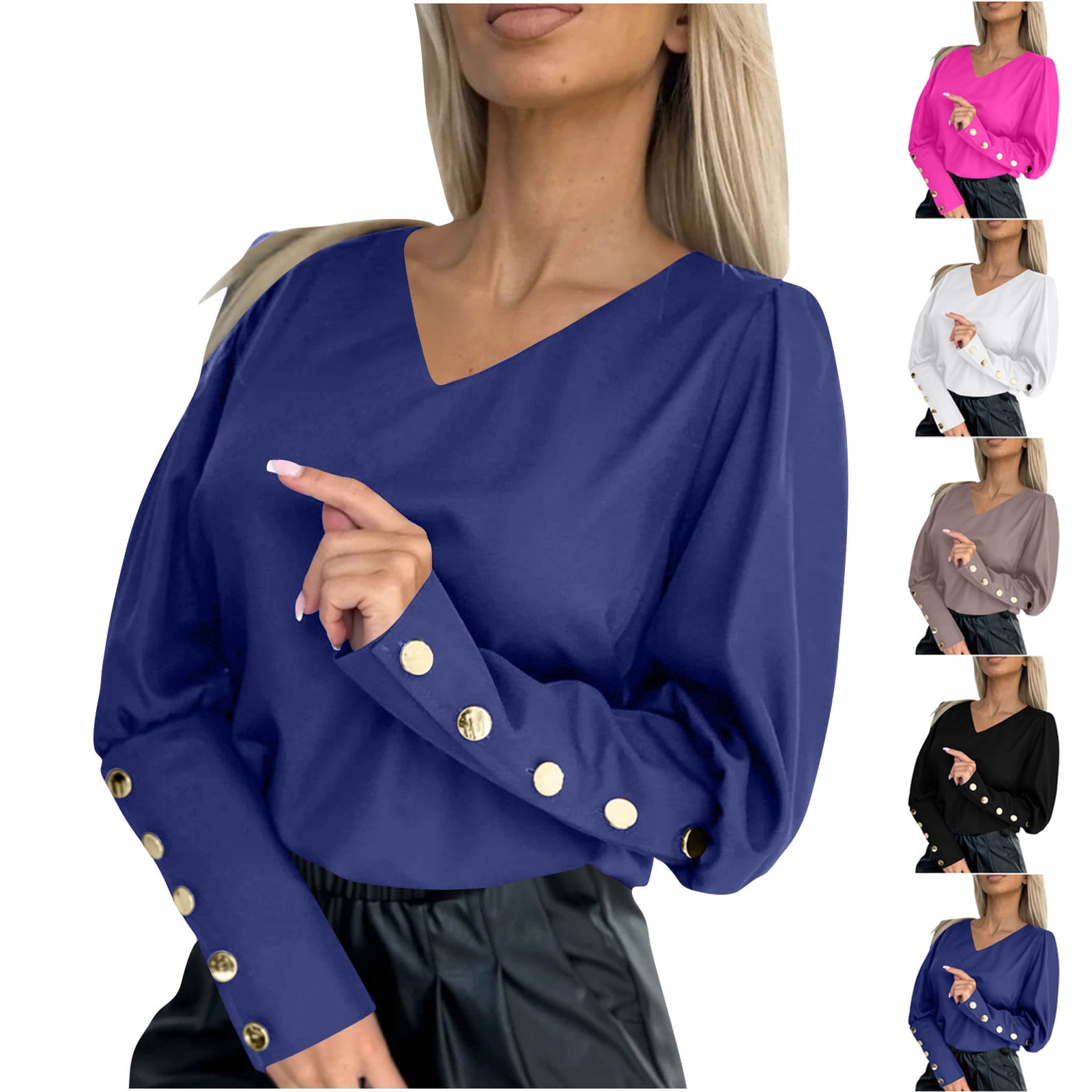 Ashirexll Long Sleeve Shirts for Women Winter Tops Casual Solid Color V ...