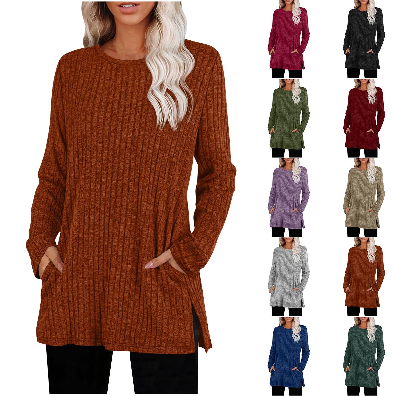 Ashirexll Long Sleeve Shirts for Women Winter Tops Solid Color Round ...