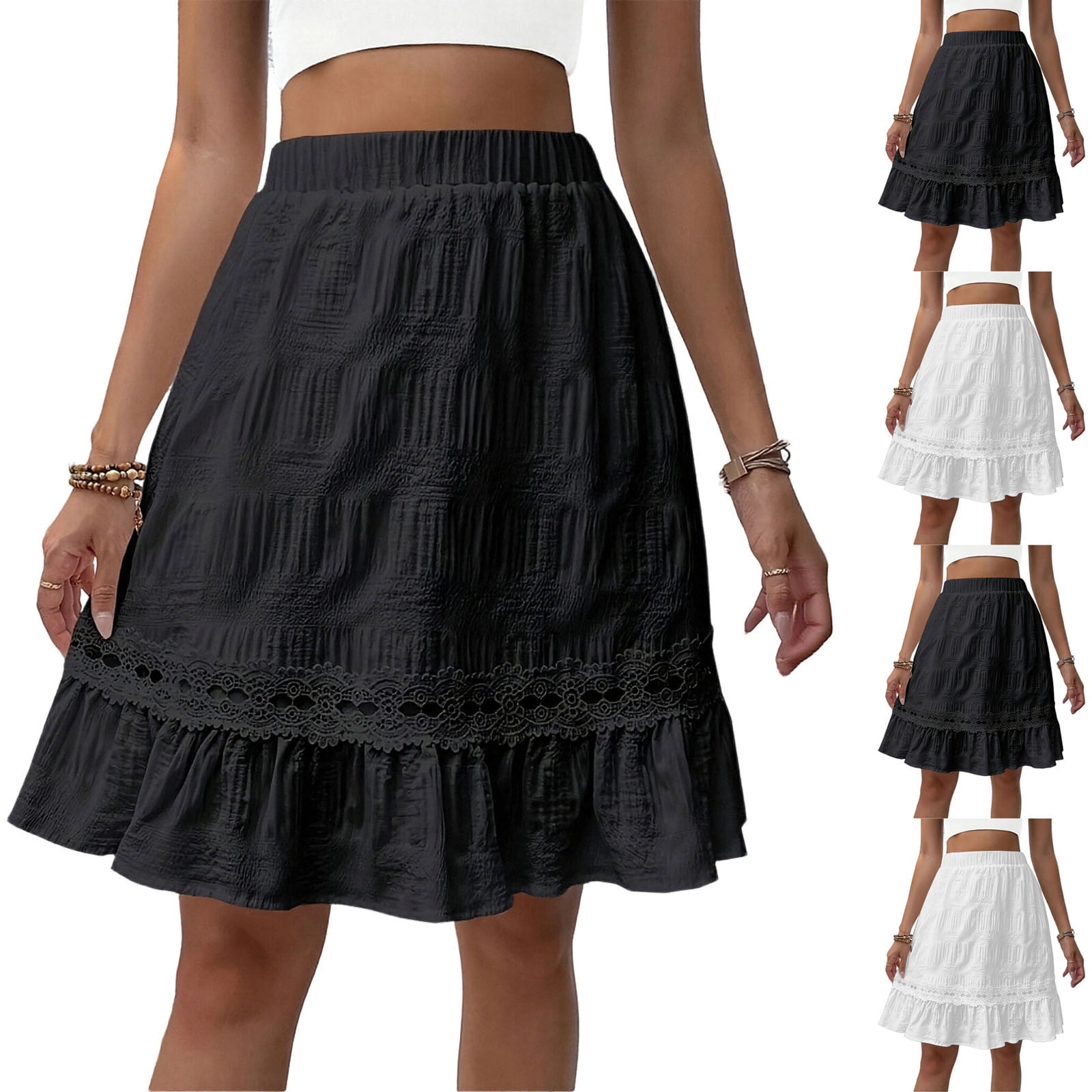 Ashirexll Midi Skirts for Women Summer Solid Color Lace Panel Elastic ...
