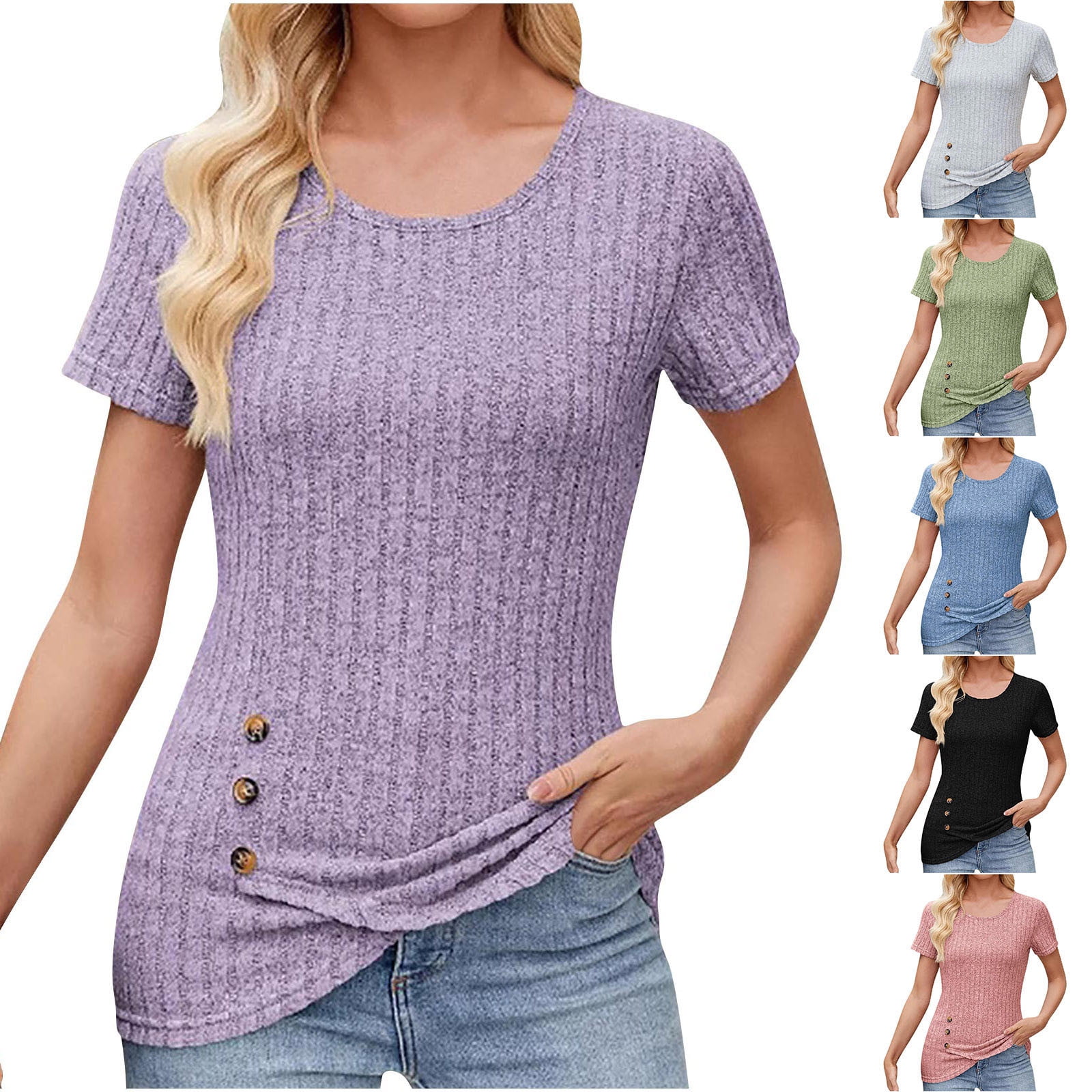 Ashirexll Shirts for Women Short Sleeve Tops Women's Solid Color Round ...