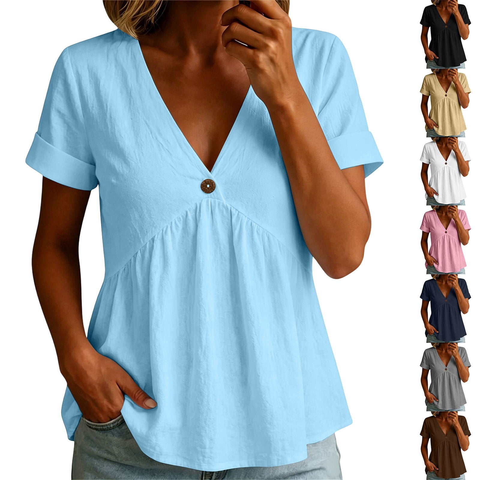 Ashirexll Short Sleeve Shirts for Women Short Sleeve V-Neck Solid Color ...