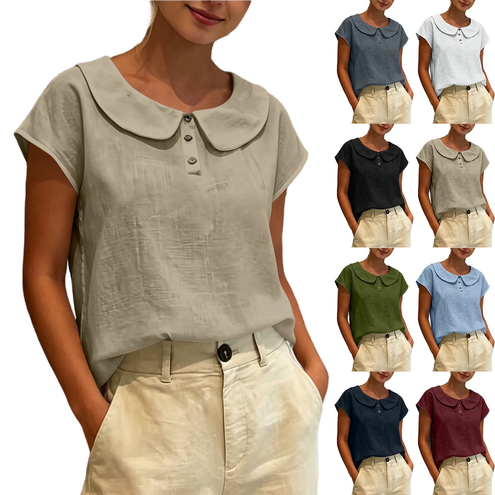 Ashirexll Short Sleeve Shirts for Women Solid Color Linen Collar Short ...