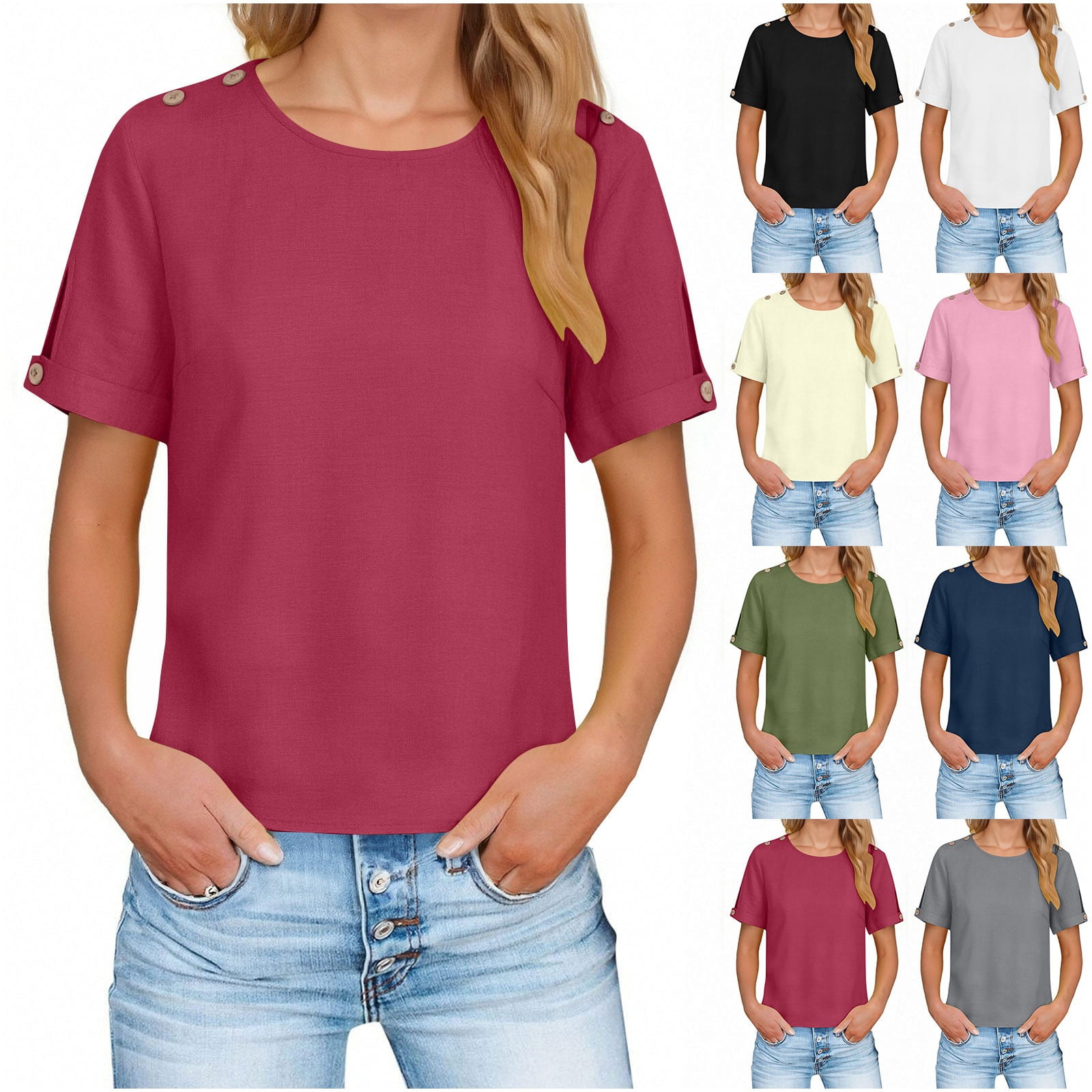 Ashirexll Short Sleeve Shirts for Women, Solid Color Short Sleeve Round ...