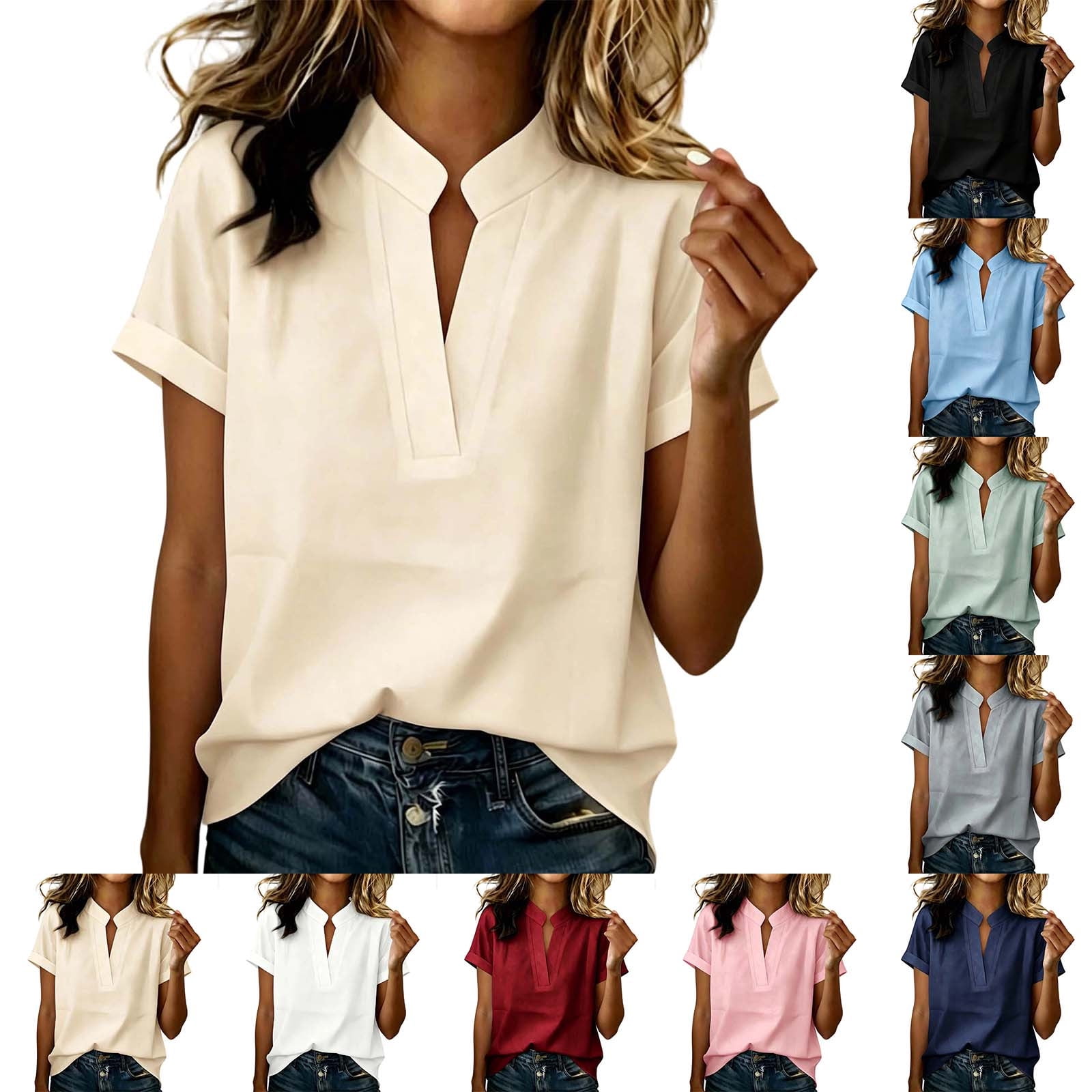 Ashirexll Short Sleeve Shirts for Women V-Neck Blouse Short Sleeve ...