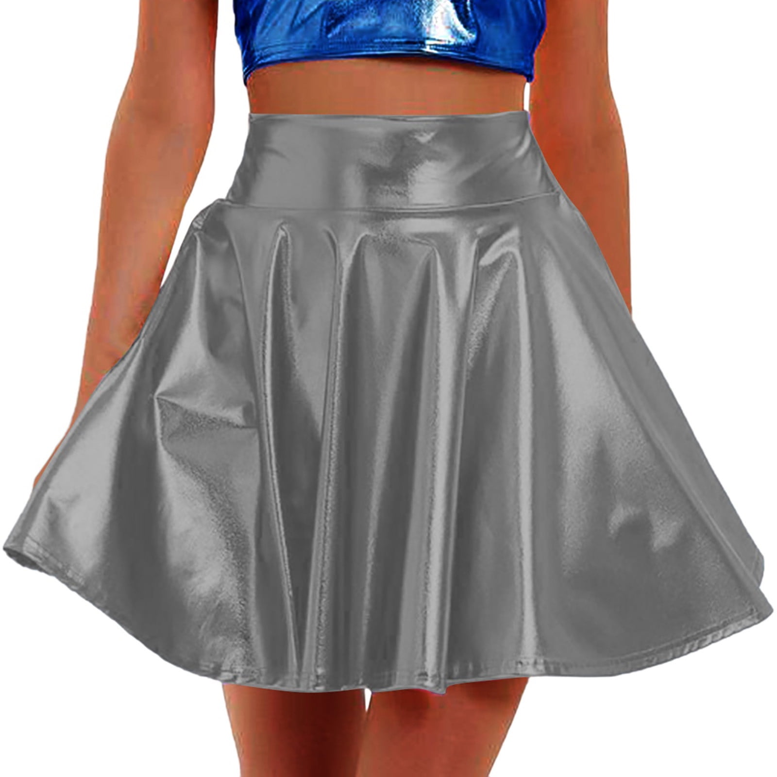 Ashirexll Skirts For Women Summer Shiny Flared Pleated Mini Skater
