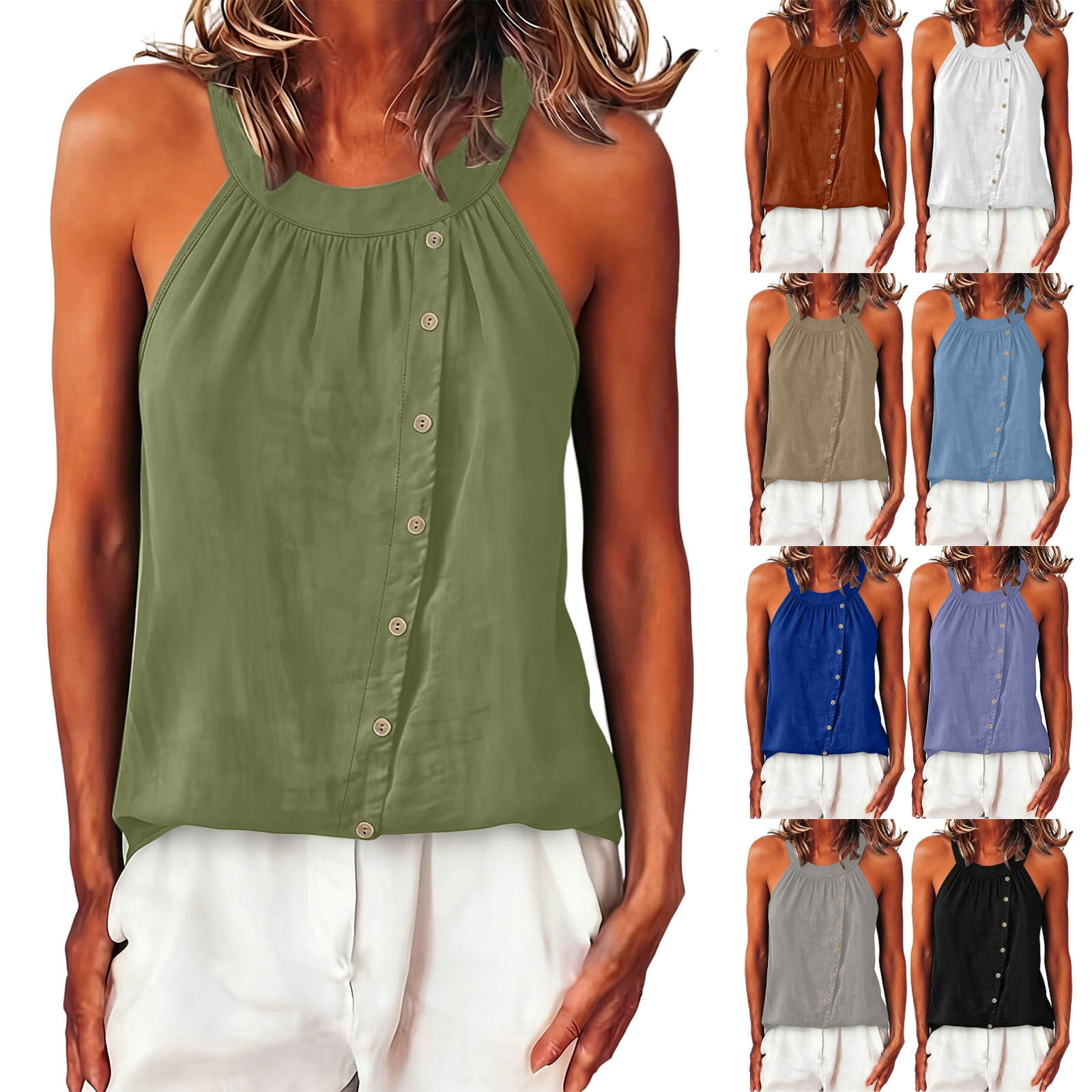 Ashirexll Sleeveless Tops for Women Sleeveless Round Neck Buckle Casual ...