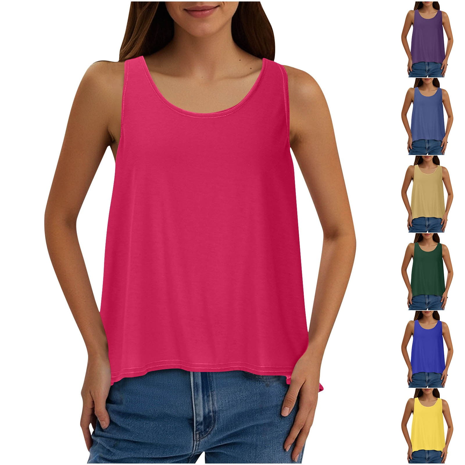 Ashirexll Sleeveless Tops for Women Solid Color Round Neck Back Slit ...