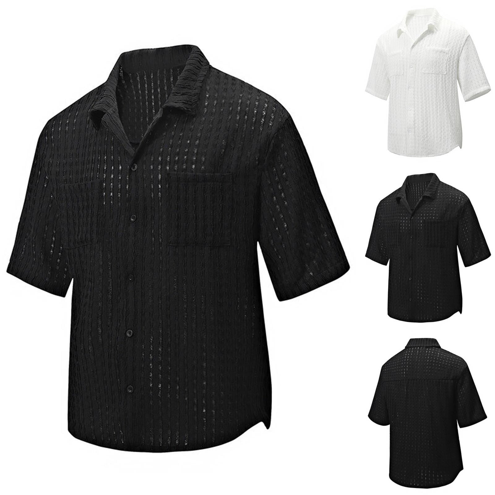 Ashirexll Summer Shirts for Men, Button up Shirt Men, Casual Solid Color Hollow out Short Sleeve ...
