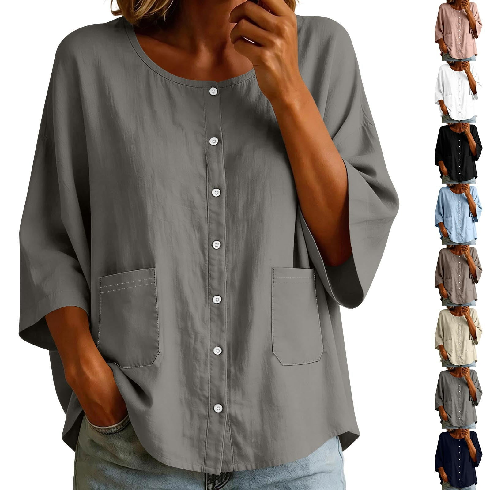 Ashirexll Summer Tops for Women 3/4 Length Sleeve Color and Linen ...