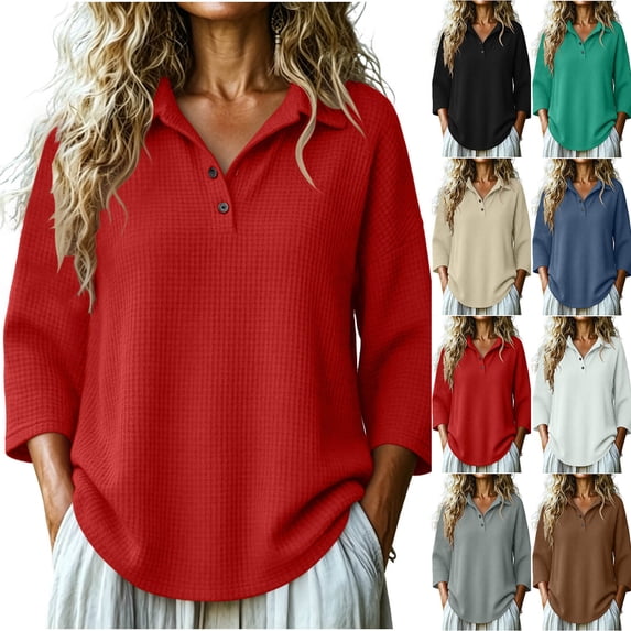 Ashirexll Summer Tops for Women Casual Fashion Solid Color Lapel ...