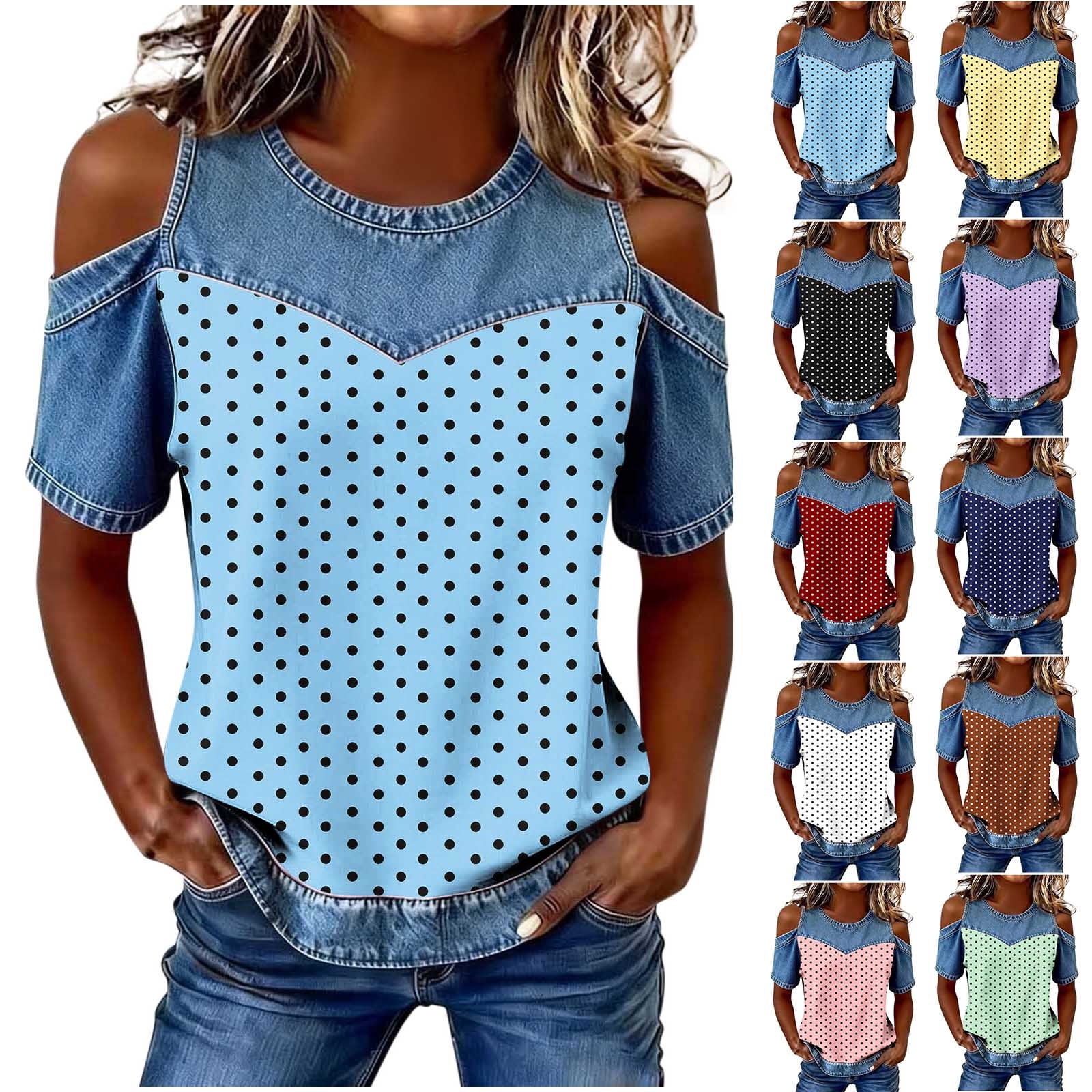 Ashirexll Summer Tops for Women Fashion Casual Round Neck Solid Color ...