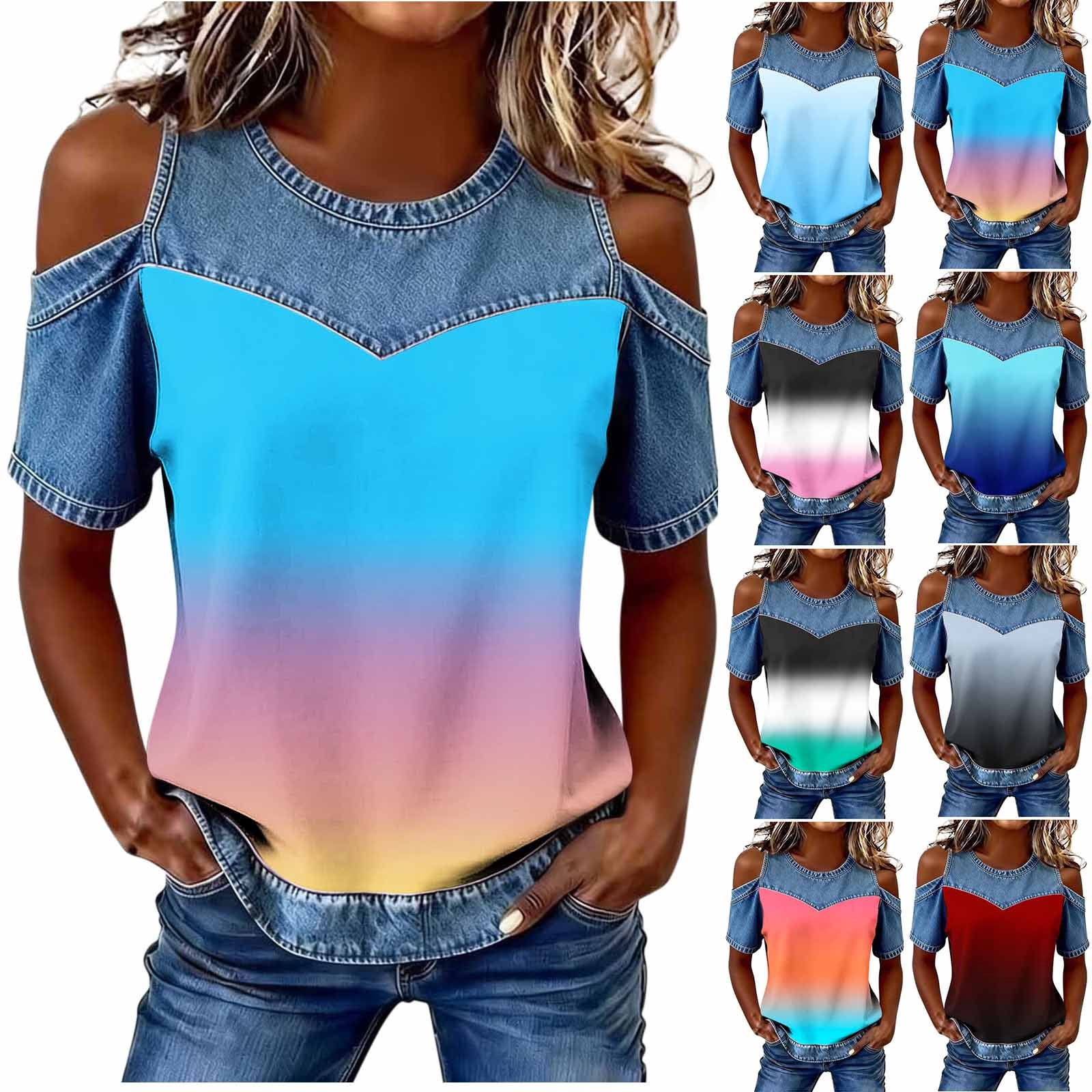 Ashirexll Summer Tops for Women Fashion Casual Round Neck Solid Color ...
