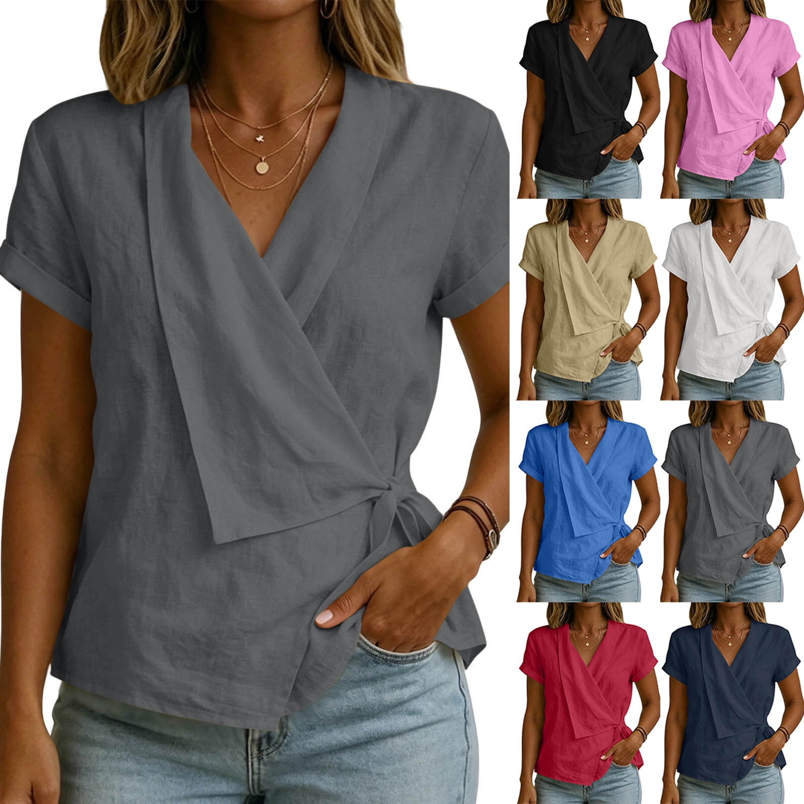 Ashirexll Summer Tops for Women Fashion Casual Solid Color Short Sleeve ...