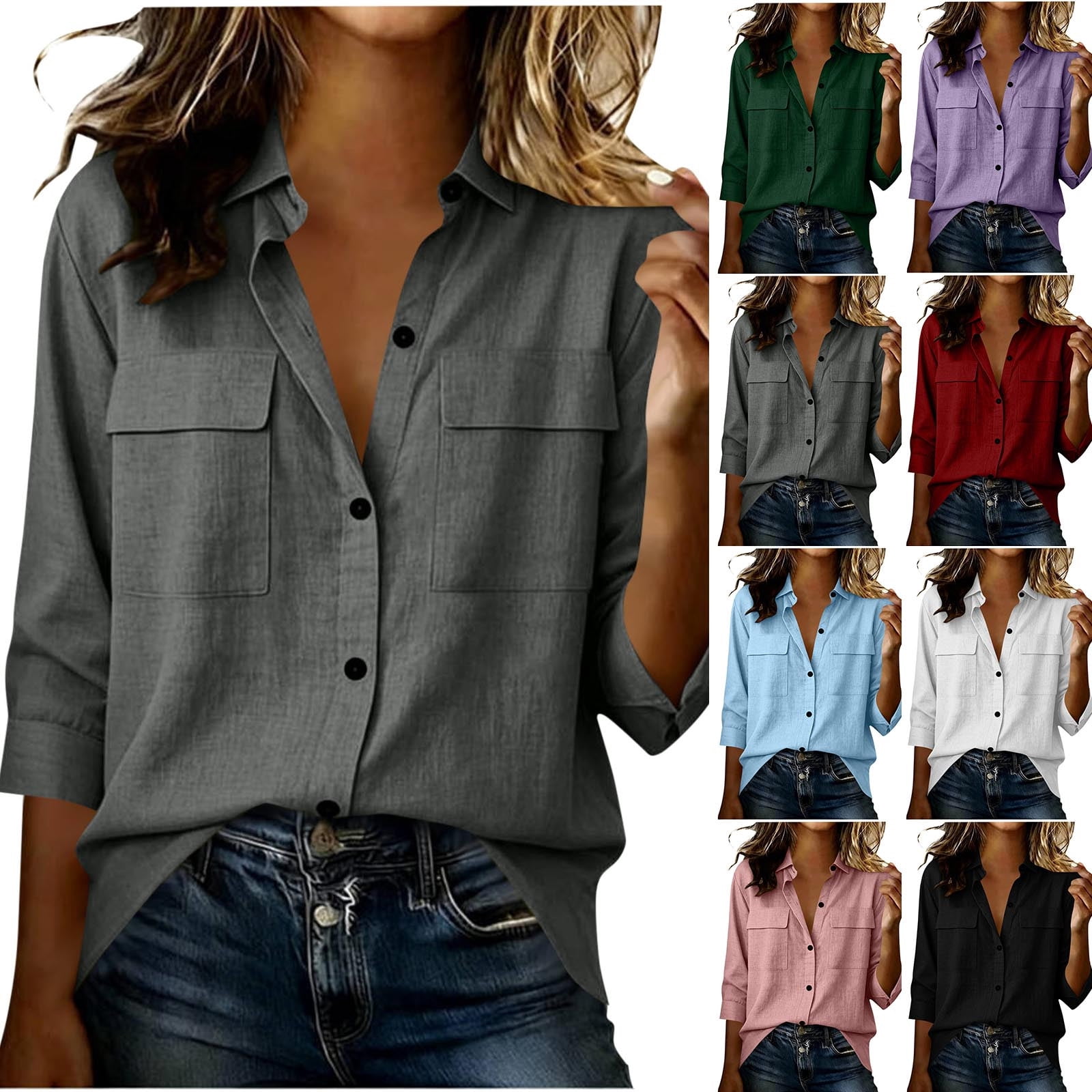 Ashirexll Summer Tops for Women Fashion Solid Casual Pocket Long Sleeve ...
