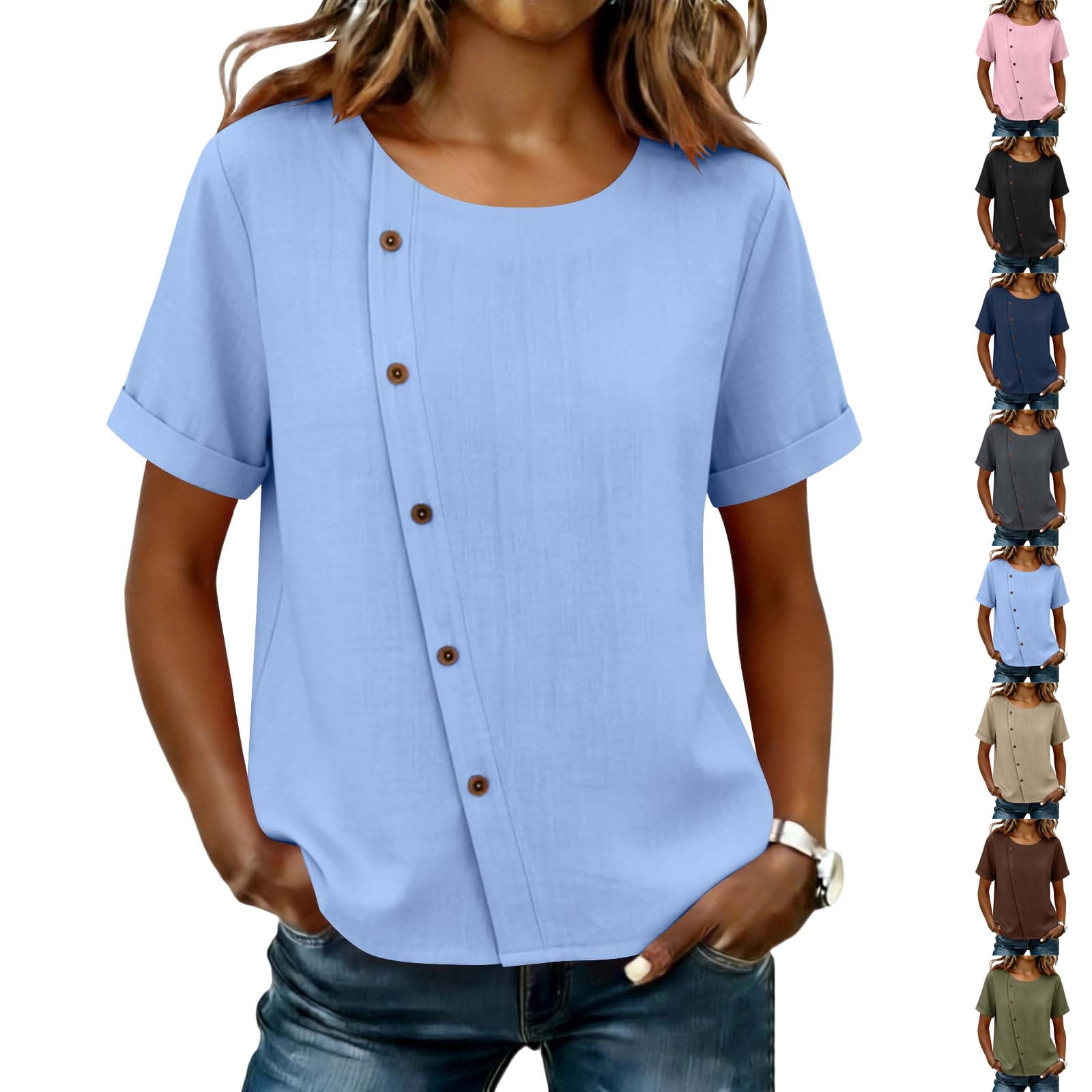 Ashirexll Summer Tops for Women Linen Decorative Button Round Neck ...