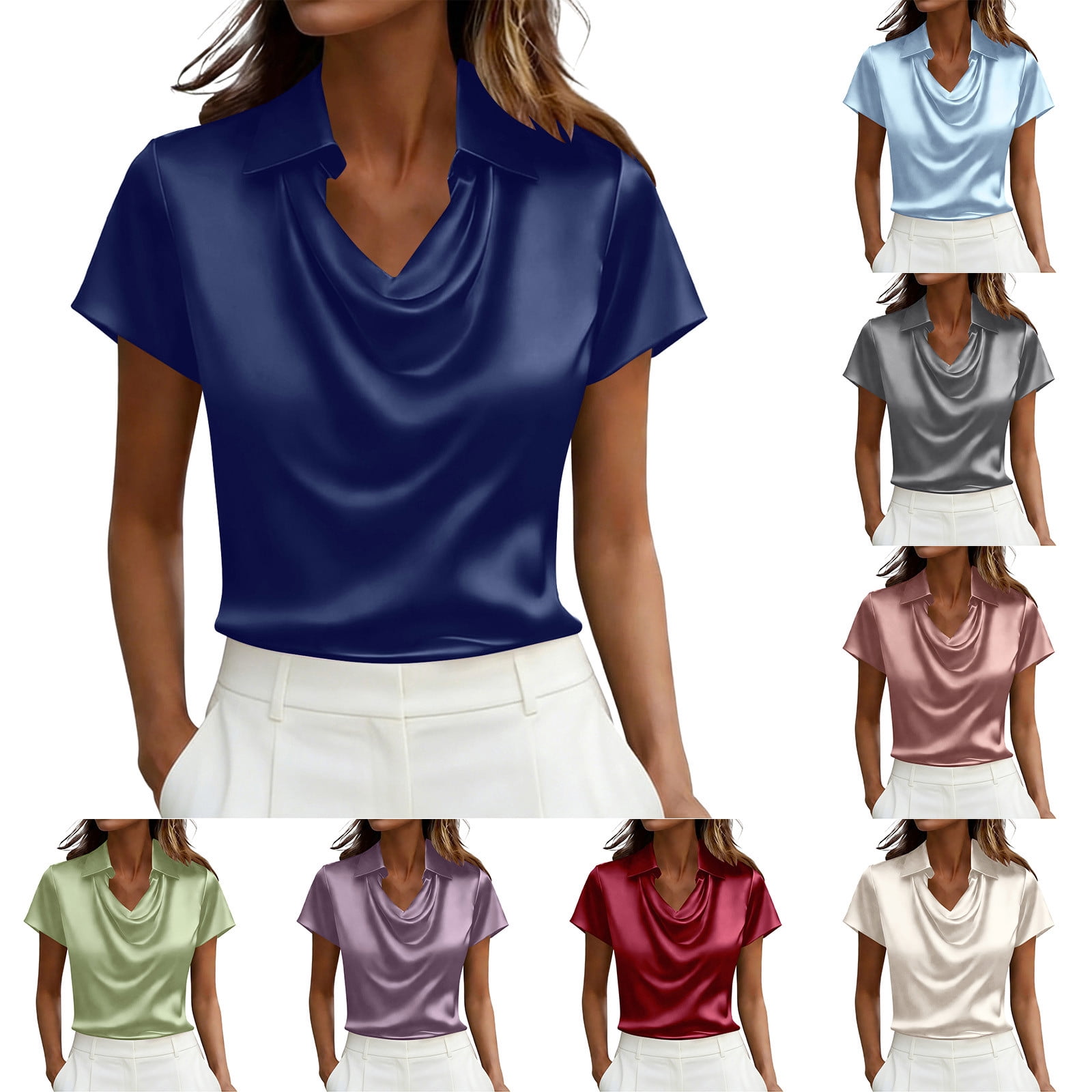 Ashirexll Summer Tops for Women Satin Cowl Neck Blouse Elegant Short ...