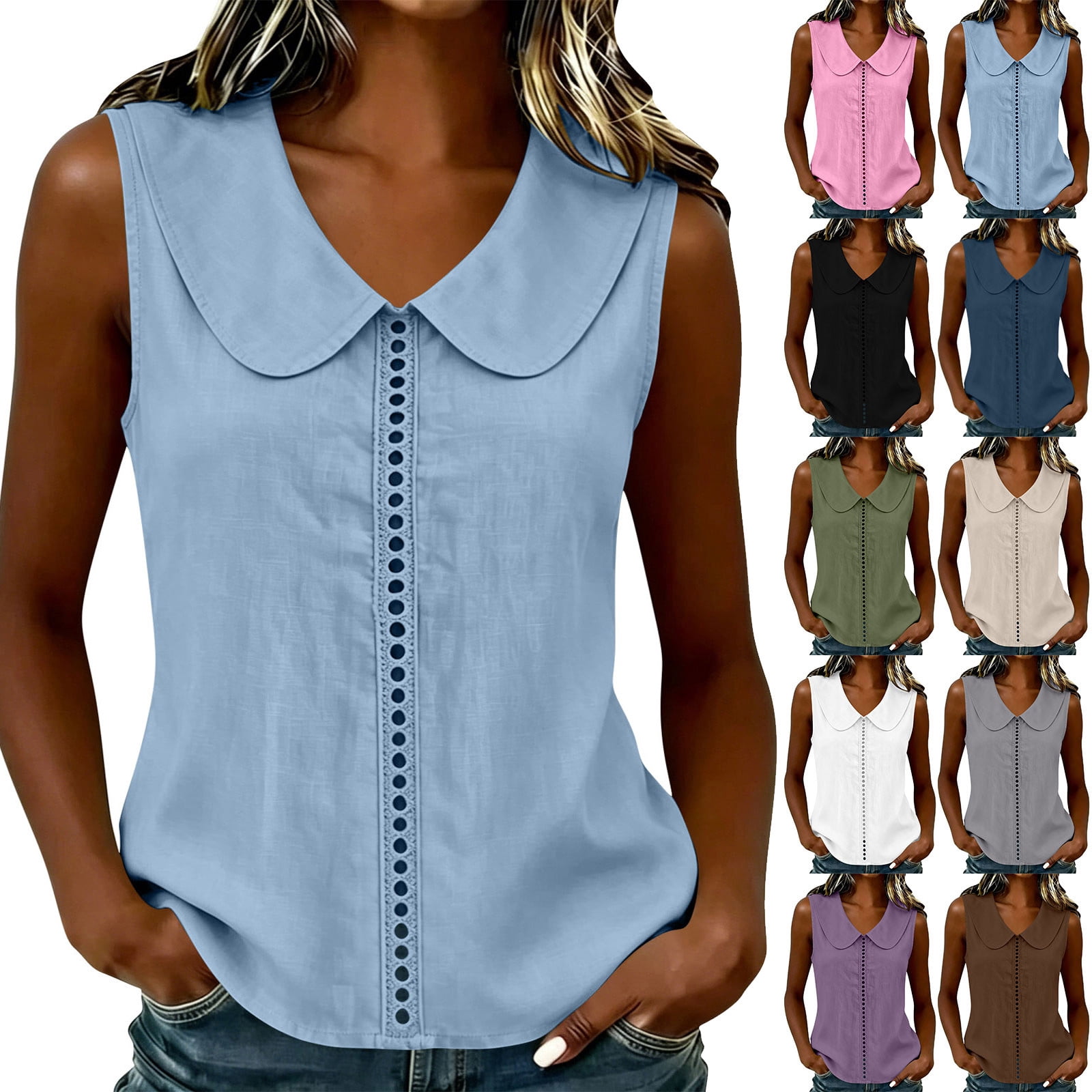 Ashirexll Summer Tops for Women Solid Color Casual Sleeveless Turndown ...
