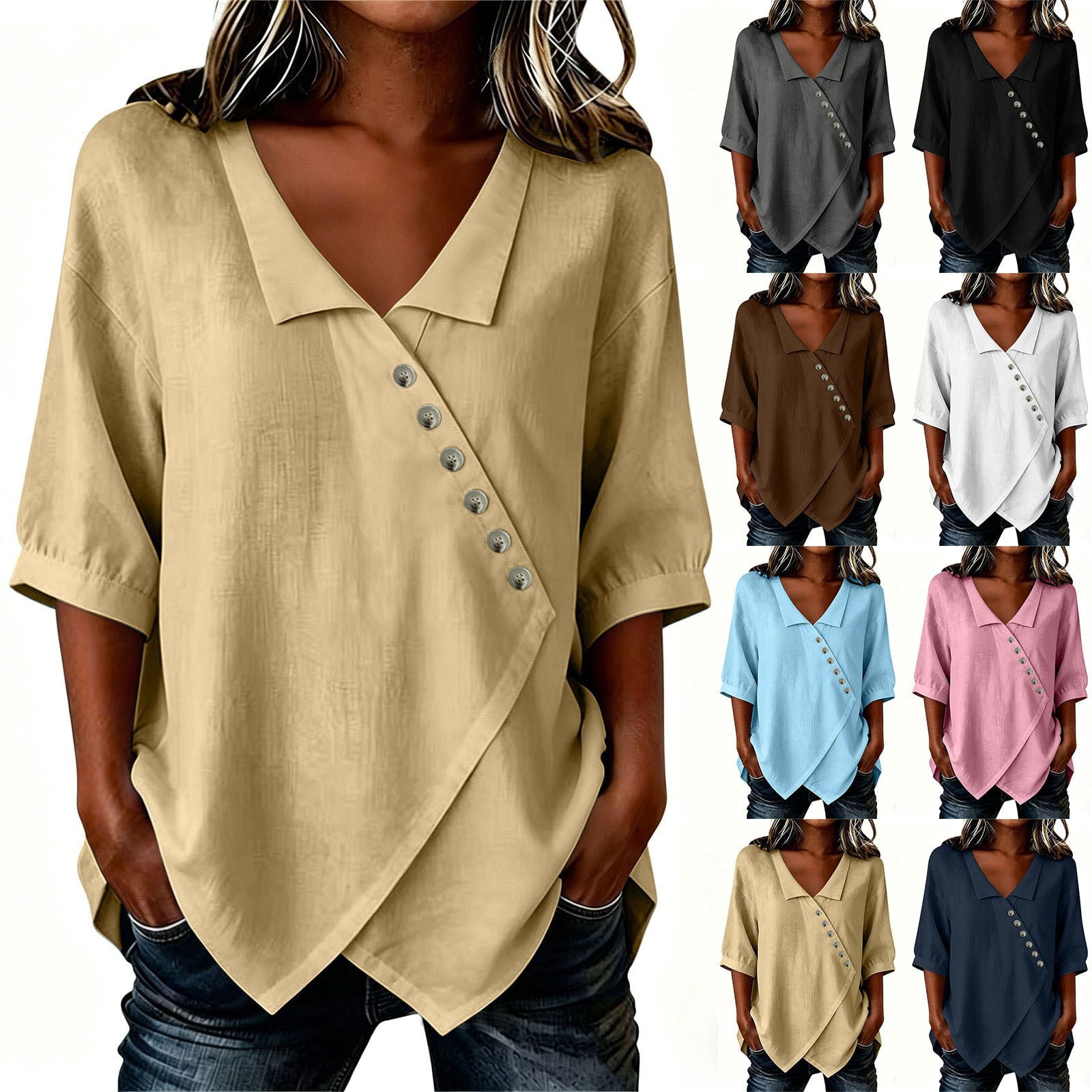 Ashirexll Summer Tops for Women Solid Color Collared 3/4 Sleeve Button ...