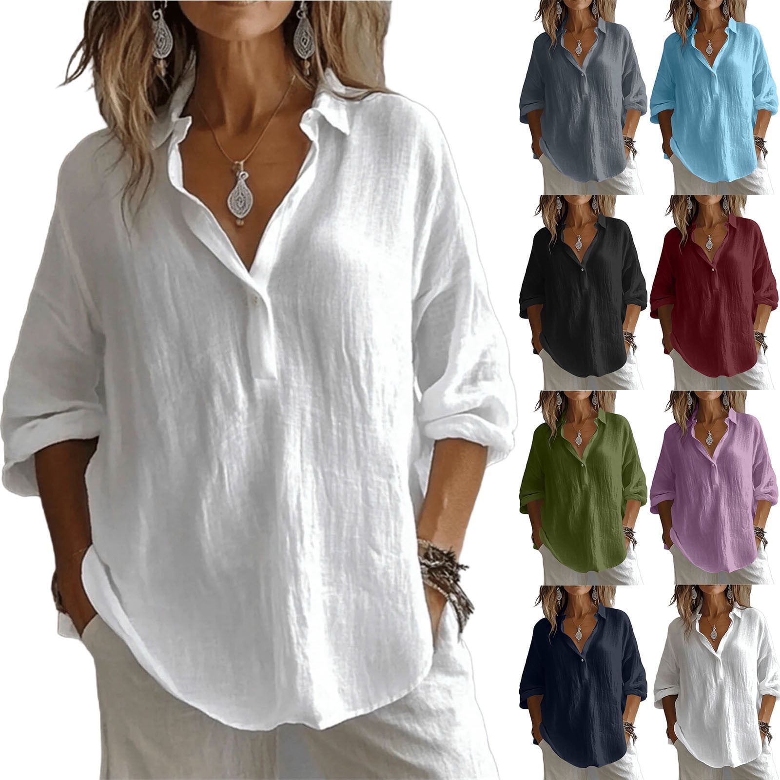 Ashirexll Summer Tops for Women Solid Color Long Sleeve Button Front ...