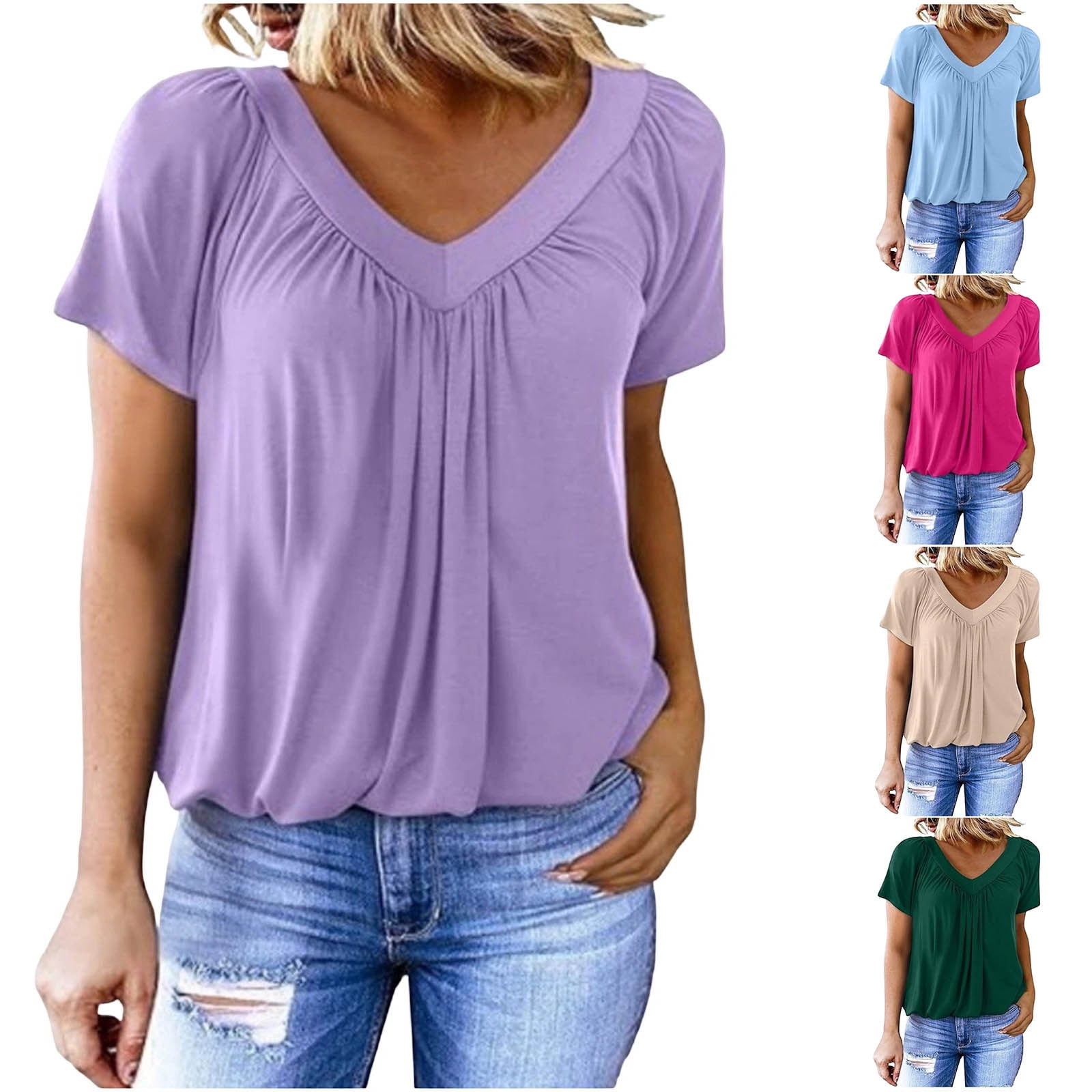 Ashirexll Summer Tops for Women Solid Color V-Neck Loose Short Sleeve ...