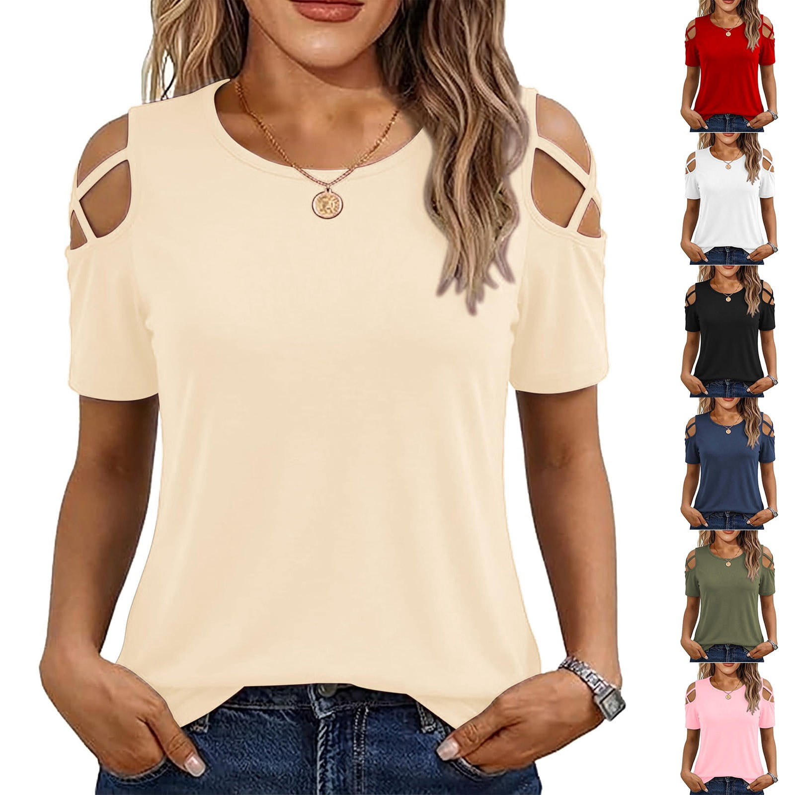 Ashirexll Summer Tops for Women Strap Off Shoulder Short Sleeve Round ...