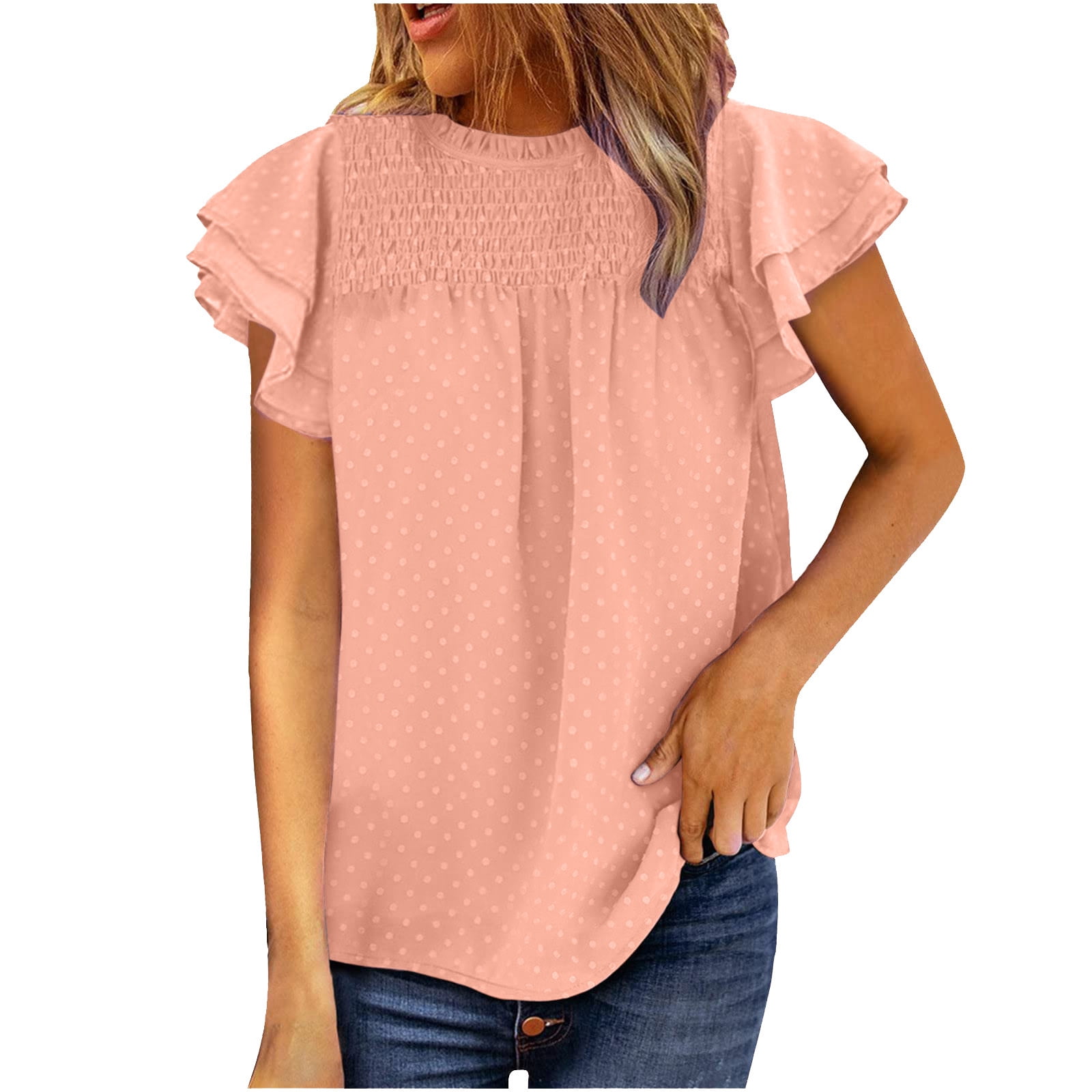 Ashirexll Tops Women Trendy Casual Chiffon Round Neck Solid Color ...