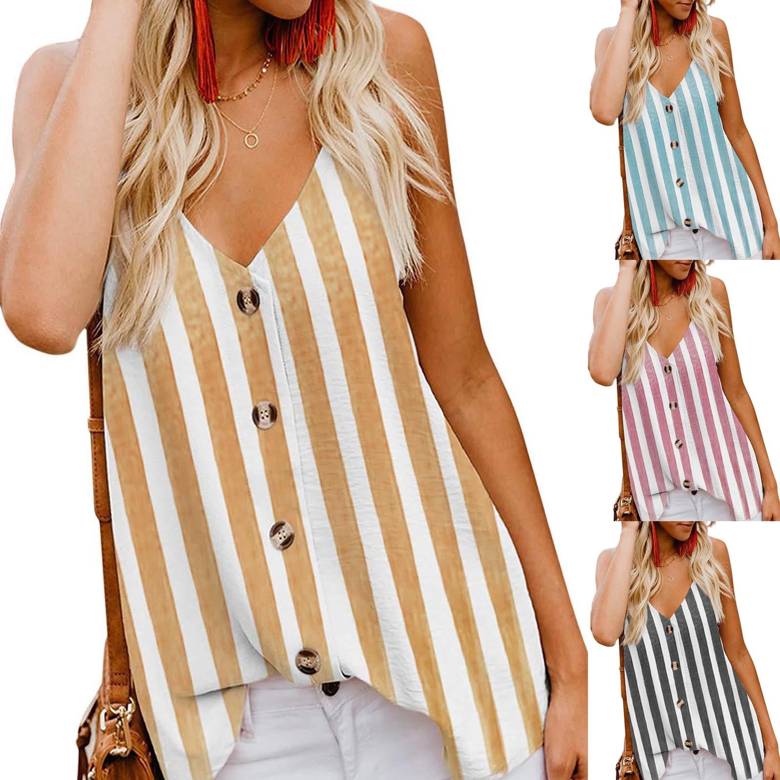 Ashirexll Tops Women Trendy Tops Stripe Buttons V-Neck Vest Sling ...