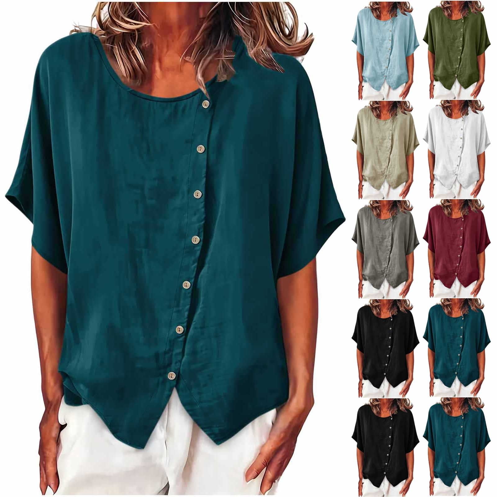 Ashirexll Tops for Women Trendy Casual Fashion Solid Color Round Neck ...