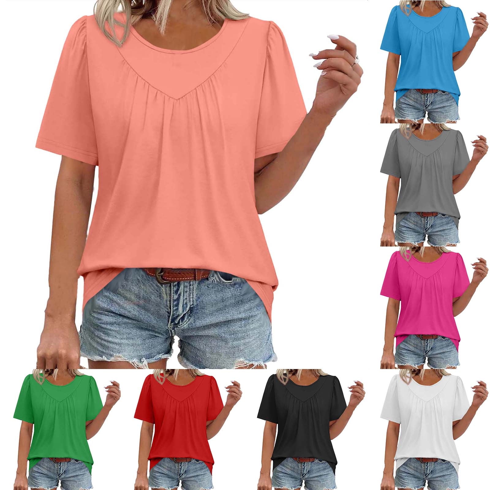 Ashirexll Tops for Women Trendy, Casual Fashion Solid Color Round Neck ...