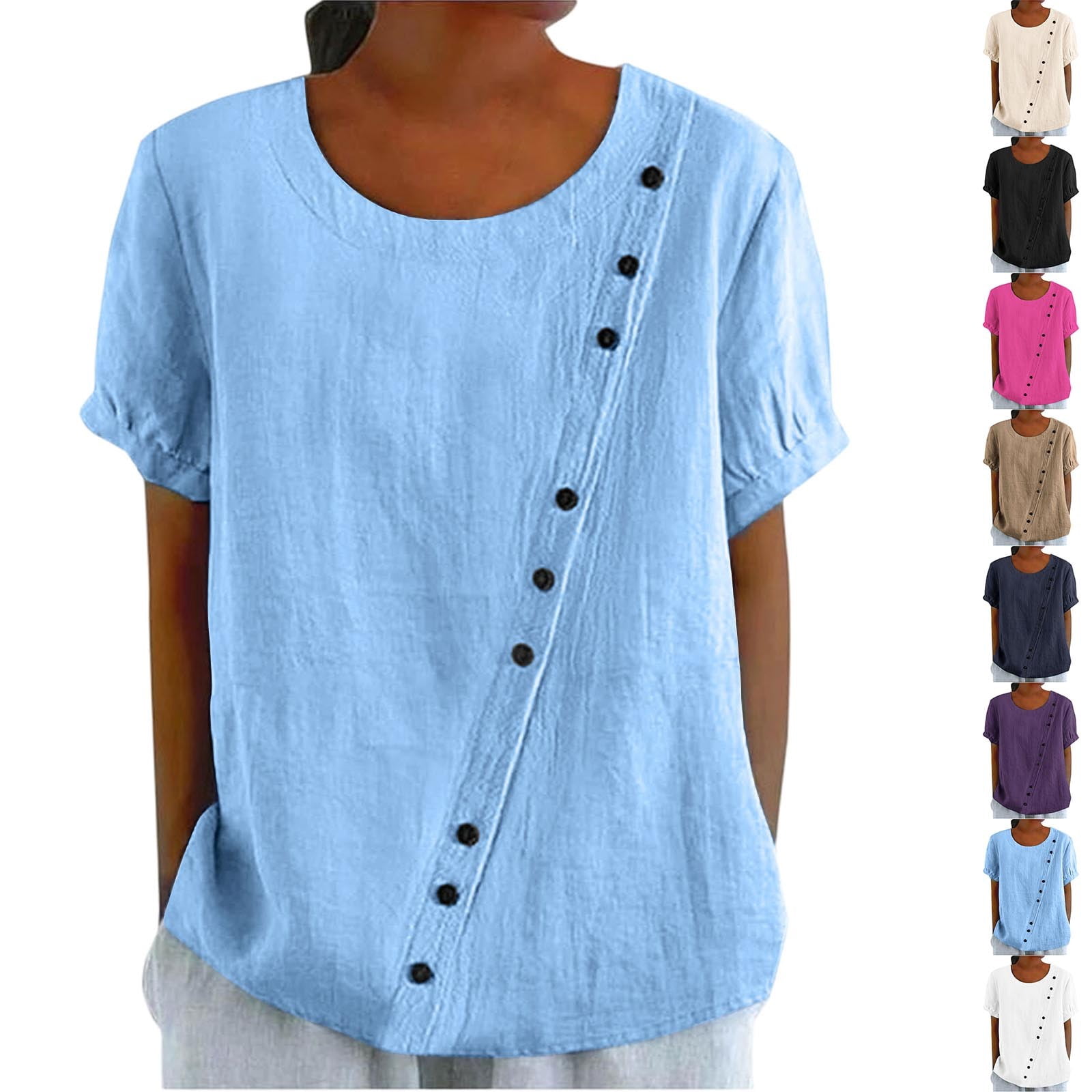 Ashirexll Tops for Women Trendy Casual Round Neck Button Fashion Short ...