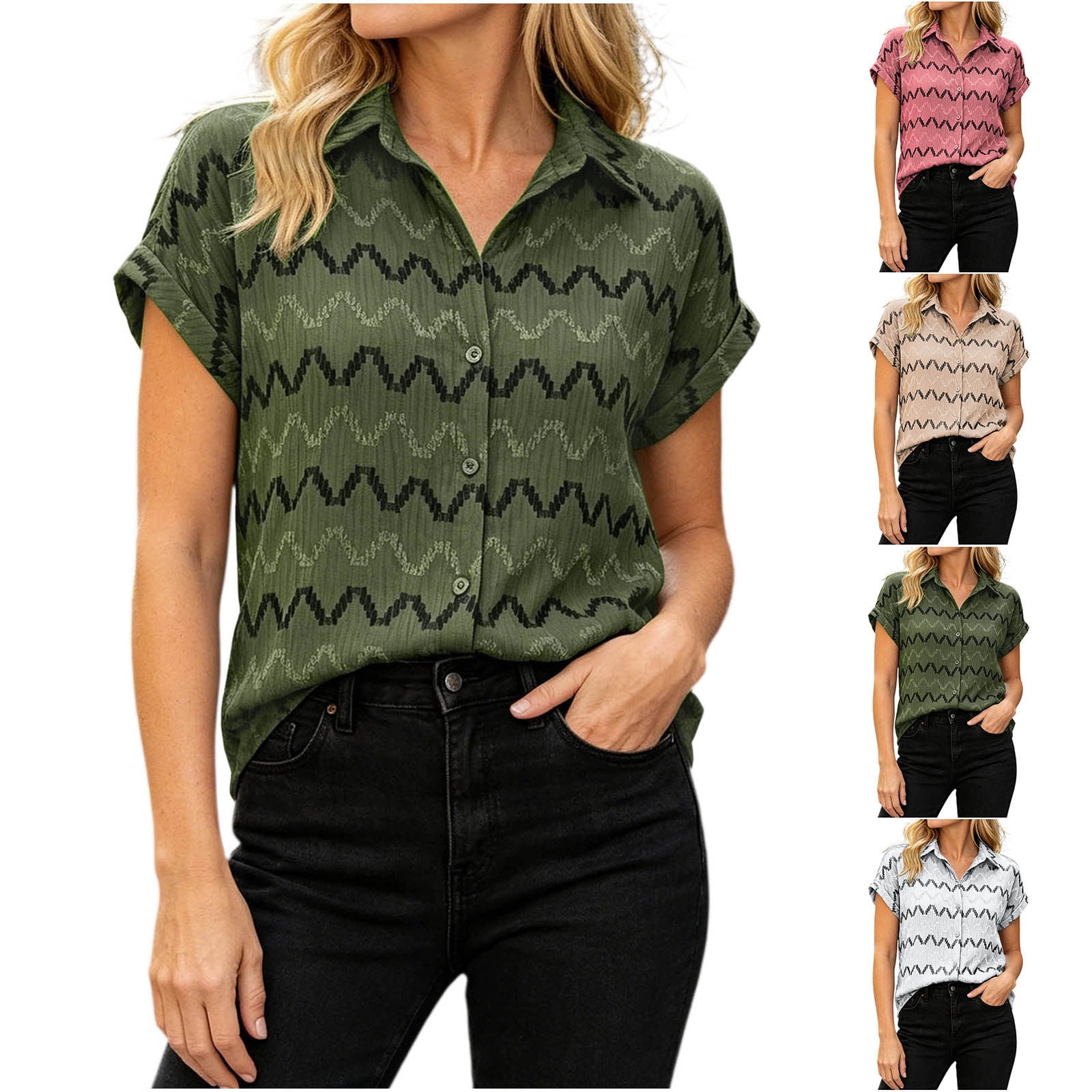 Ashirexll Tops for Women Trendy Casual Short Sleeve Turndown Collar ...