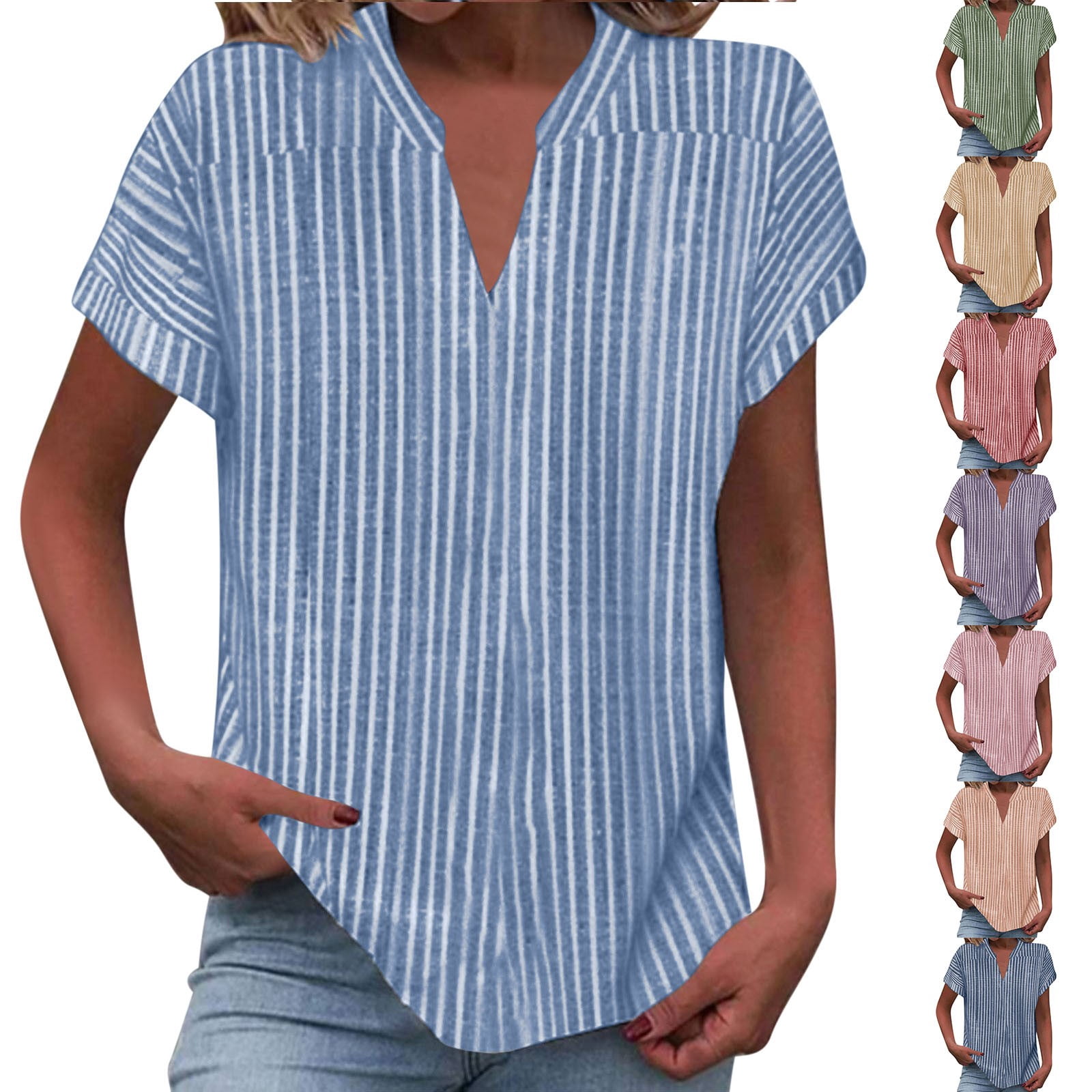 Ashirexll Tops for Women Trendy Casual Striped V-Neck Short Sleeve ...
