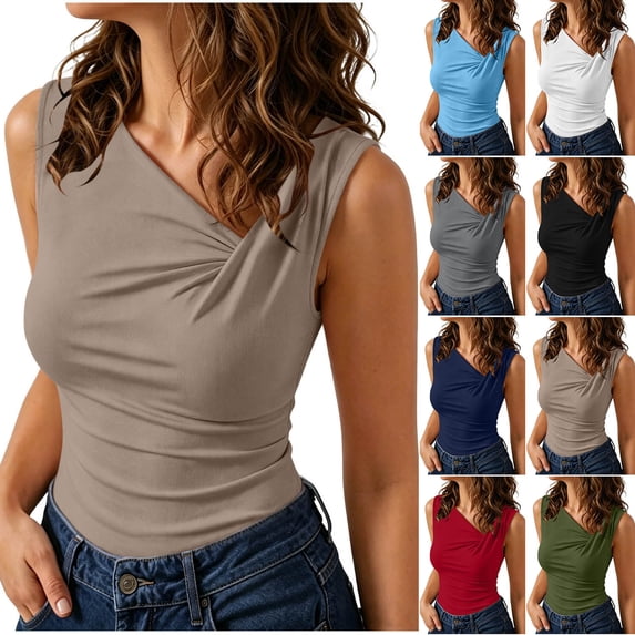 Ashirexll Tops for Women Trendy Fashion Casual Solid Color Sleeveless ...