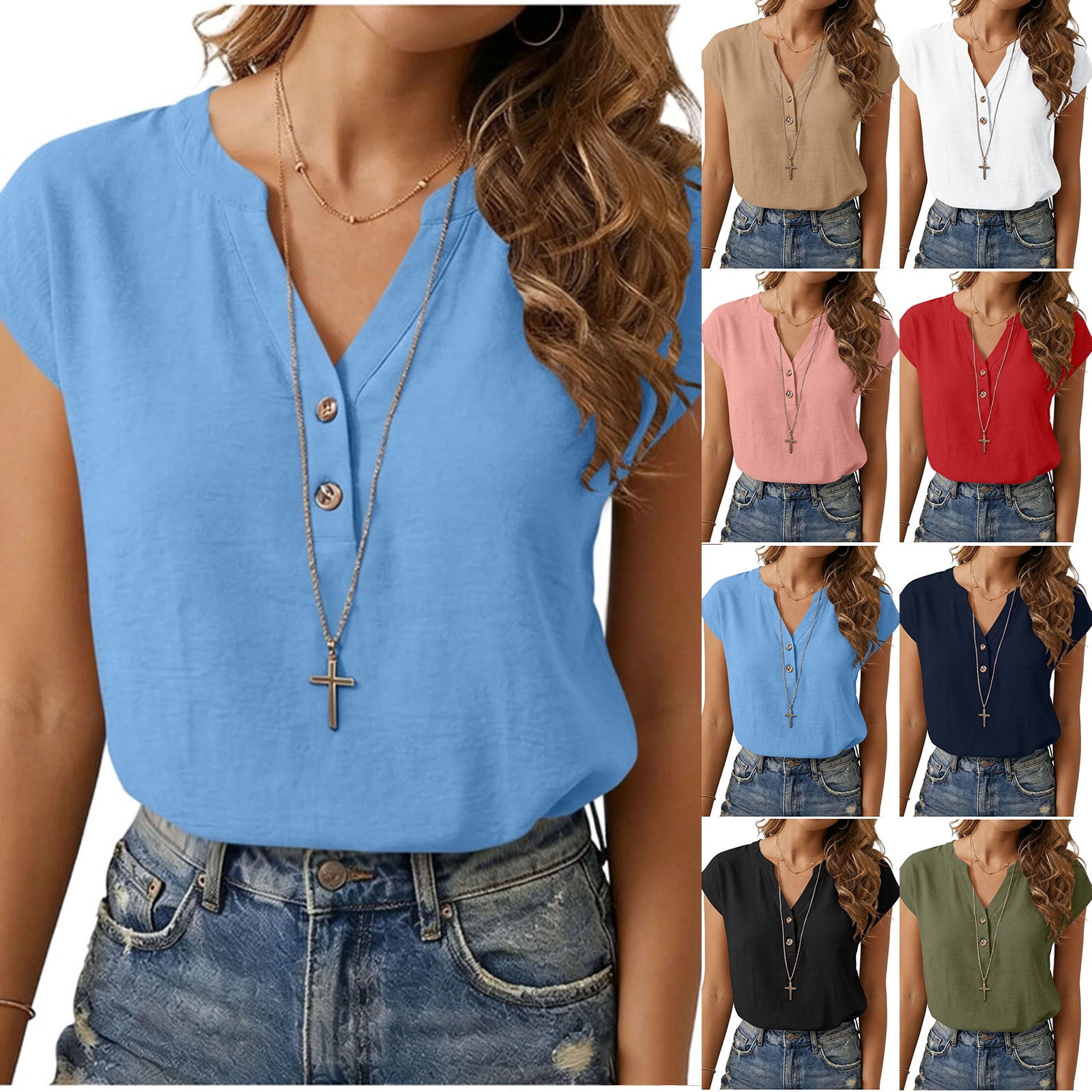 Ashirexll Tops for Women Trendy Fashion Casual Solid Short Sleeve V ...