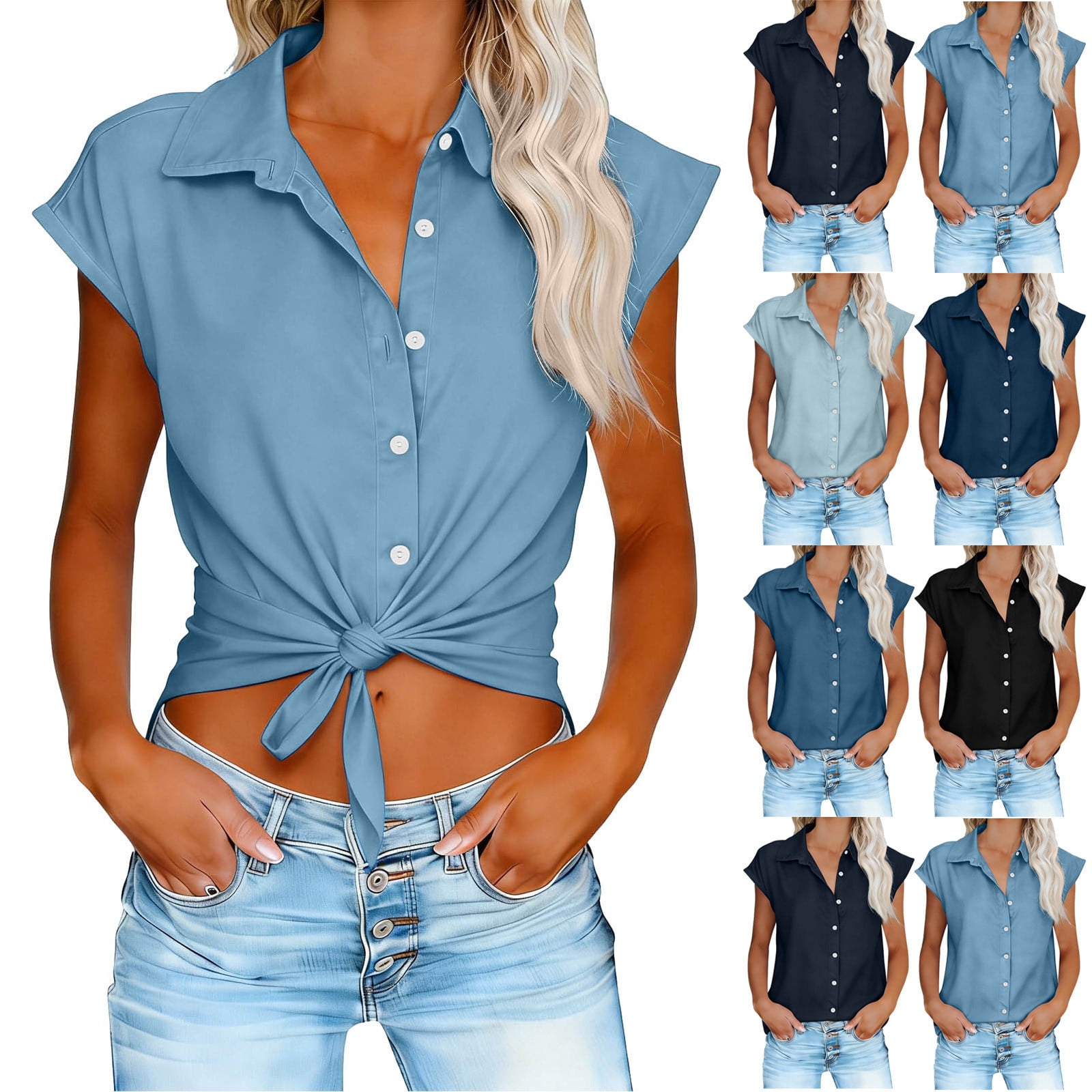 Ashirexll Tops for Women Trendy Fashion Denim Short Sleeve Turndown ...