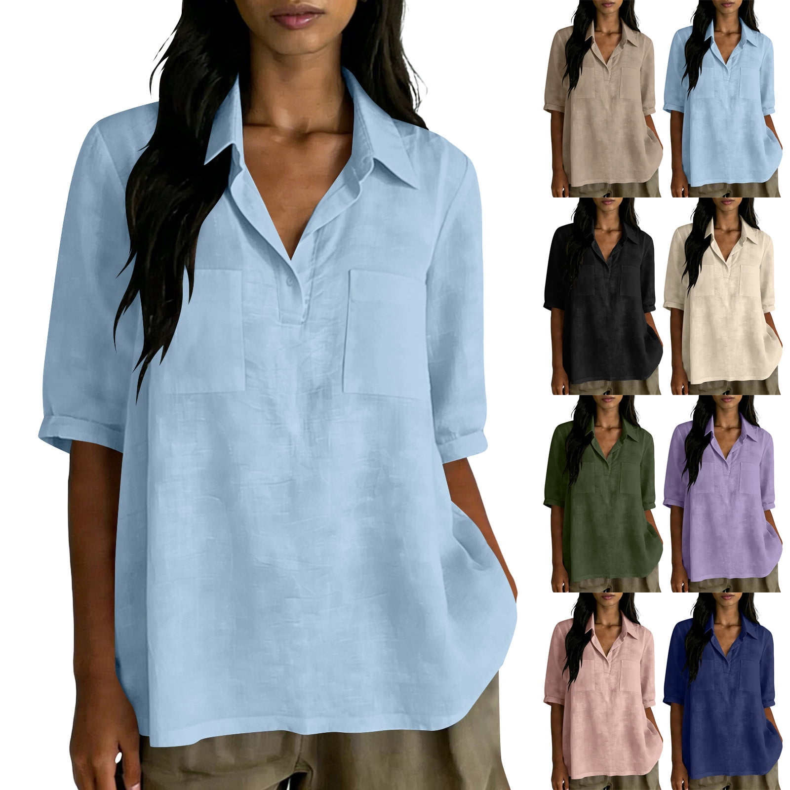 Ashirexll Tops for Women Trendy Fashion Solid Color Button Up Shirt V ...