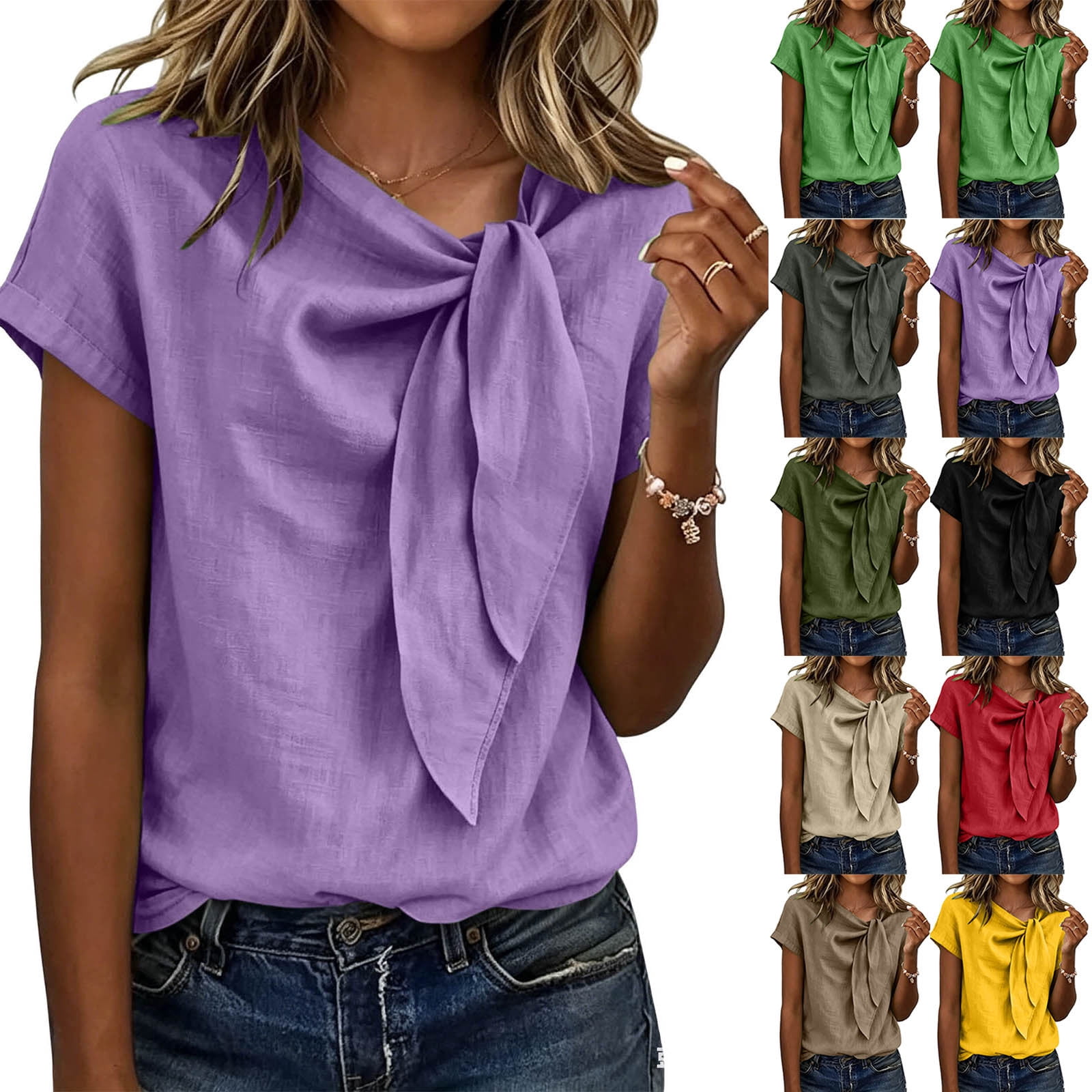 Ashirexll Tops for Women Trendy Fashion Solid Color Round Neck Bow V ...