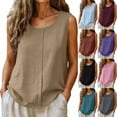 Ashirexll Tops for Women Trendy Fashion Summer Linen Solid Color Round ...