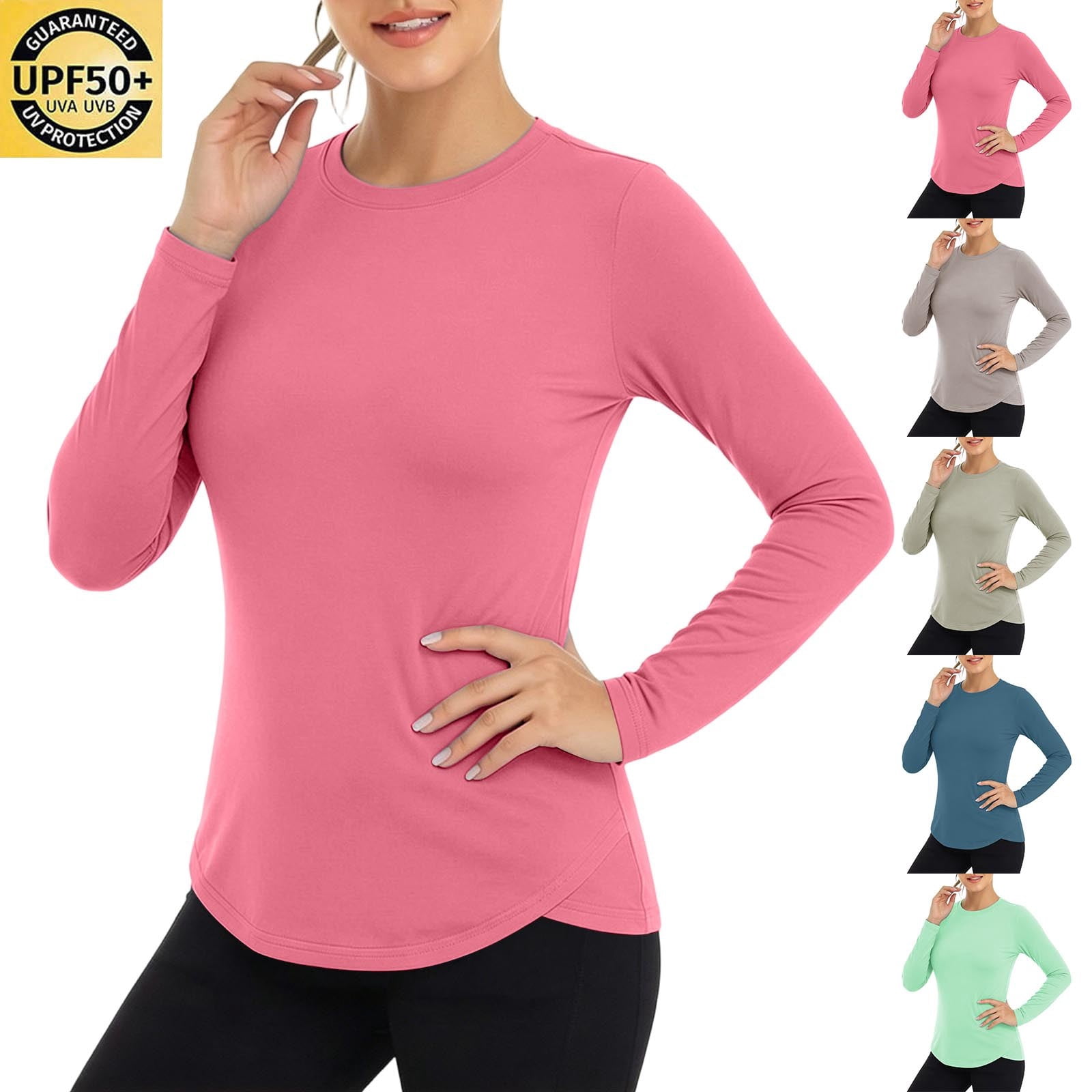 Ashirexll Tops for Women Trendy Long Sleeve Loose Solid Color Round ...