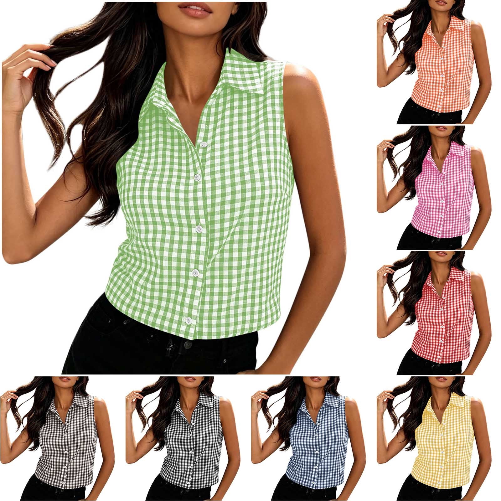 Ashirexll Tops for Women Trendy Plaid Collared Sleeveless Lapel Button ...