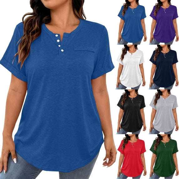 Ashirexll Tops for Women Trendy Plus Size Solid Color Casual Pocket Top ...